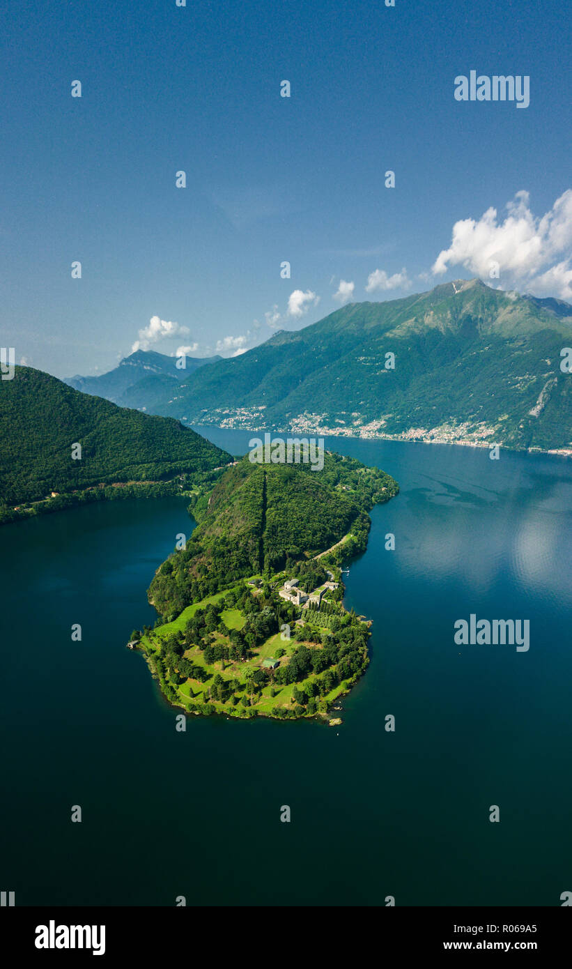 Panoramic aerial view of Piona Abbey (Abbazia Priorato di Piona) and ...