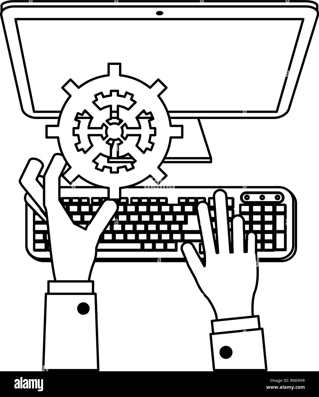 Businessman hands working on computer with gears vector illustration ...