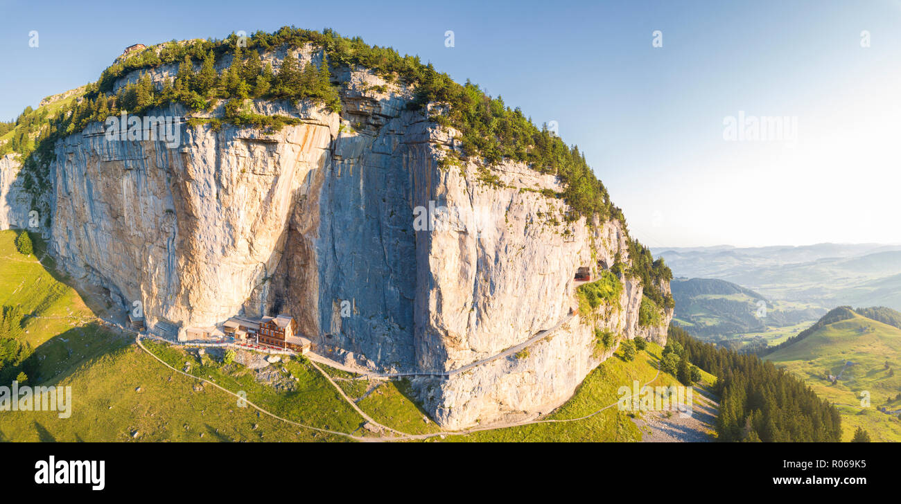 Aerial panoramic of Aescher-Wildkirchli Gasthaus, Ebenalp, Appenzell ...