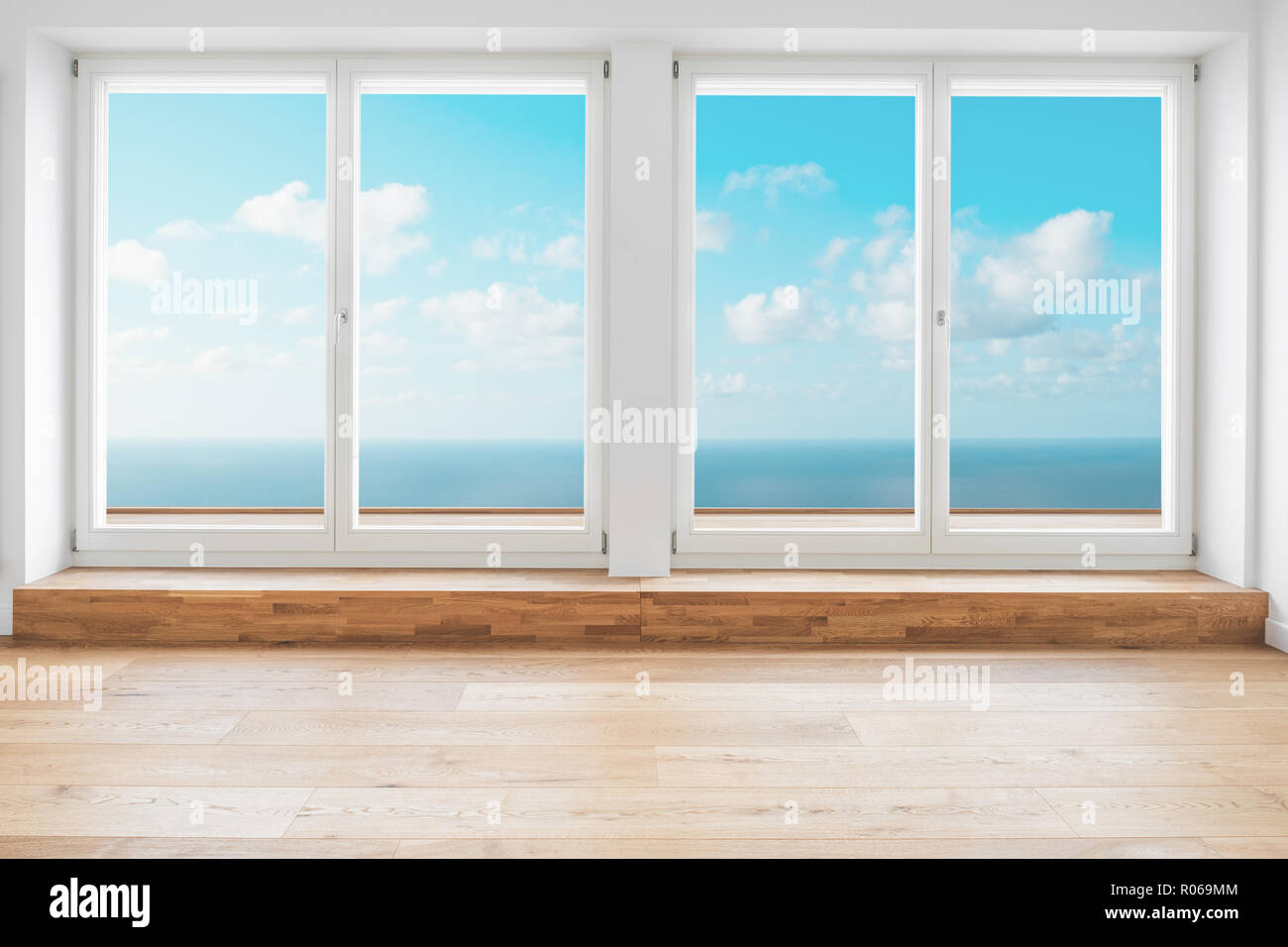 ocean view panorama through window in modern apartment room - penthouse ...