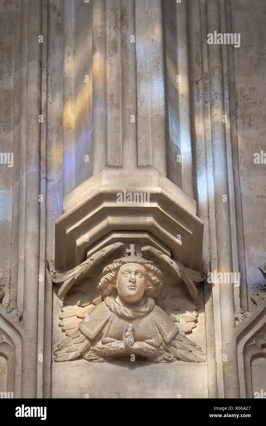 Decorated plinth on a wall in the choir of the tudor medieval chapel of ...