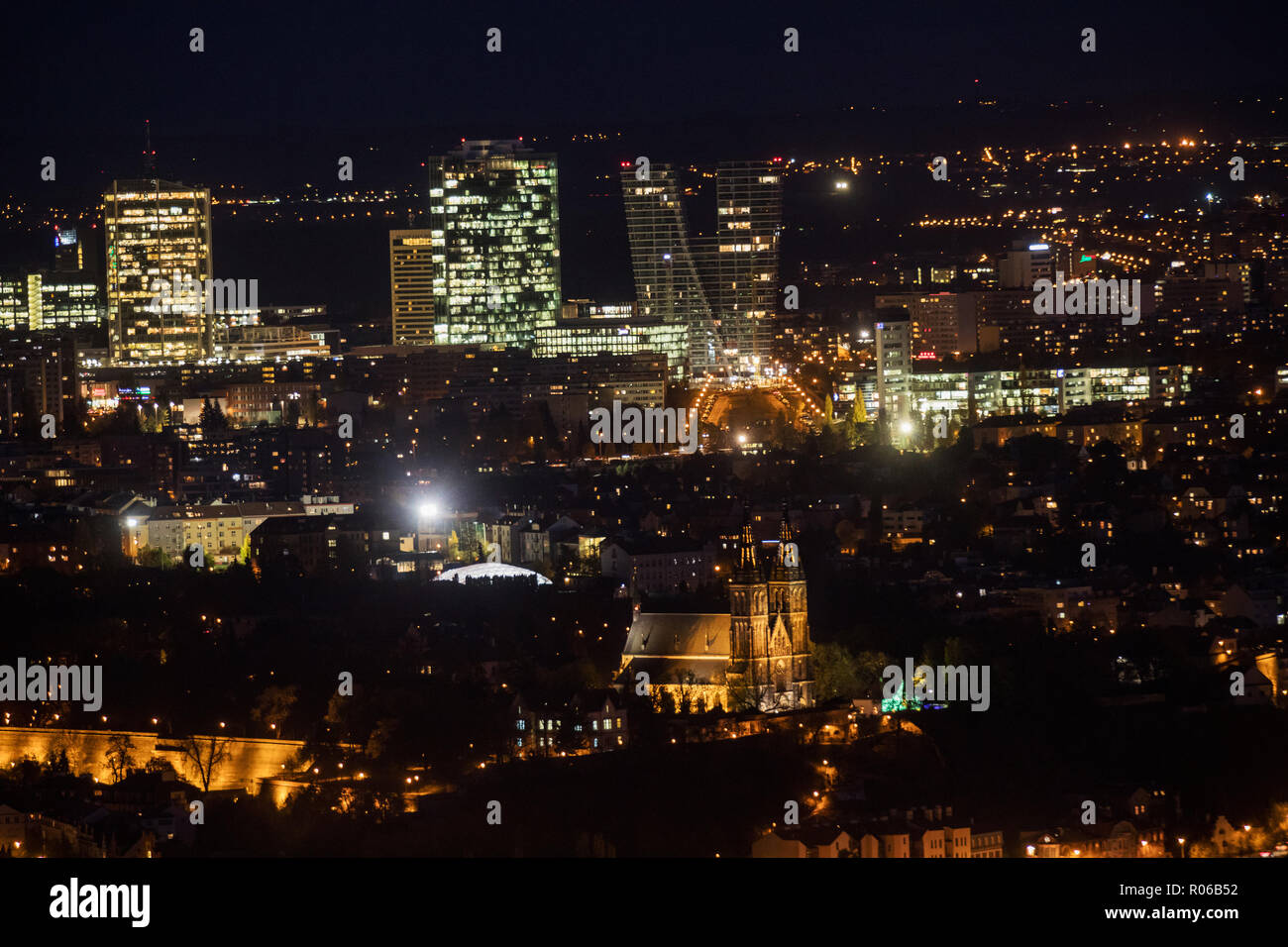 Evening view of Vysehrad and the modern Prague 4 Skyline Prague. V ...