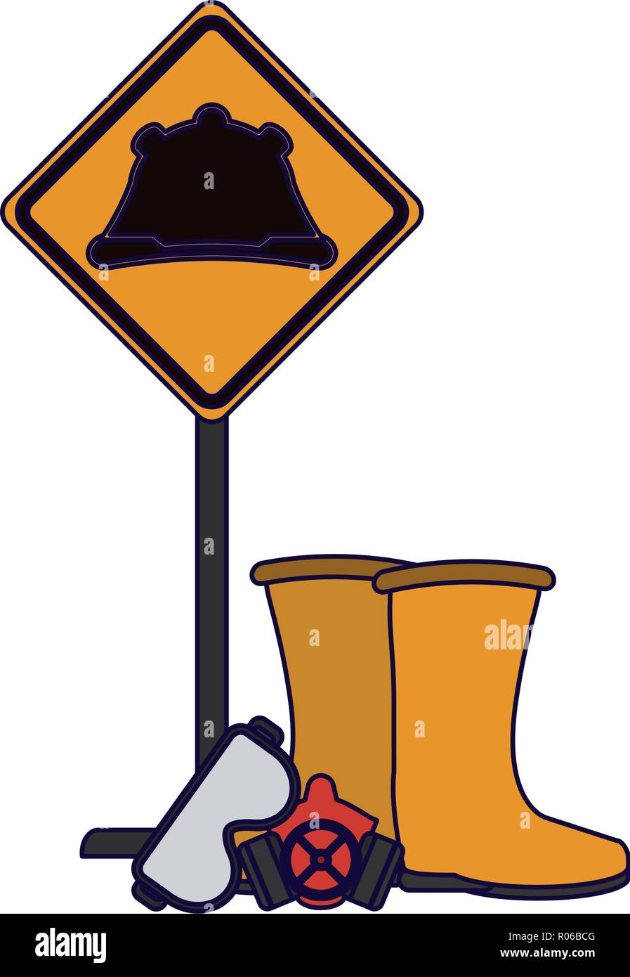 Construction road sign and boots with dust mask vector illustration ...