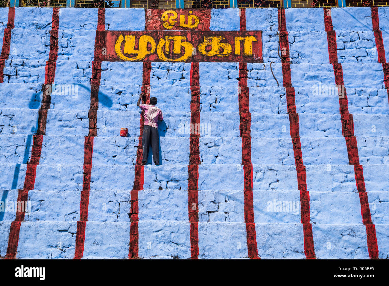 Repainting Sri Subramaniya Swamy Hindu Temple blue, Munnar, Western ...