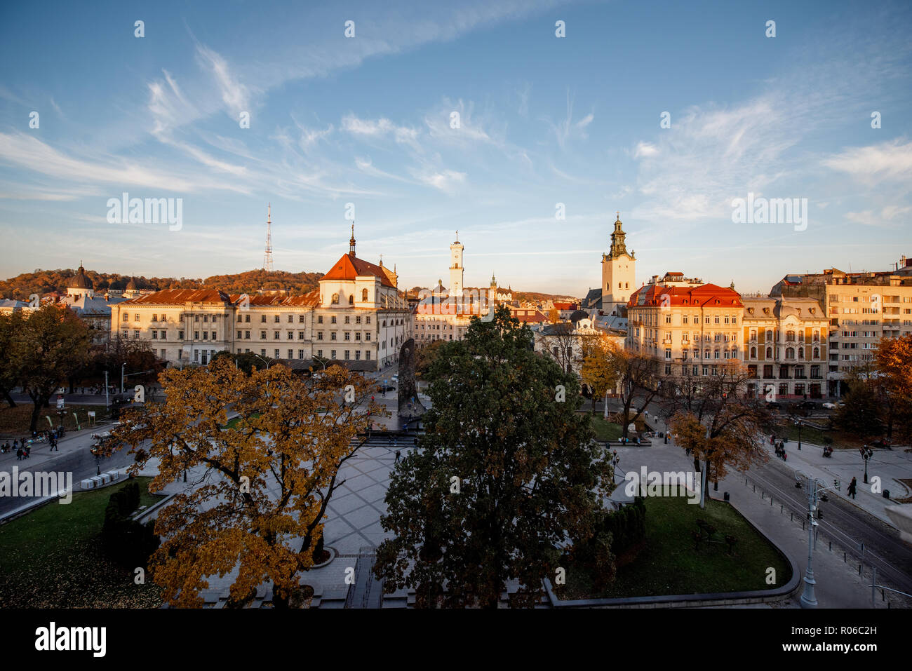 Lviv cityscape view on the old town with town hall and churches during ...