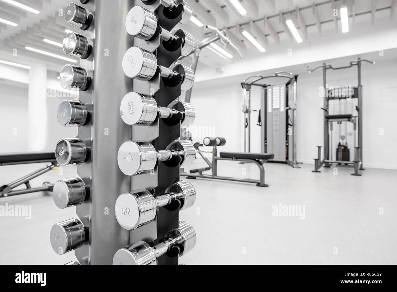 Close-up of a stand full of dumbbells at the white gym interior Stock ...