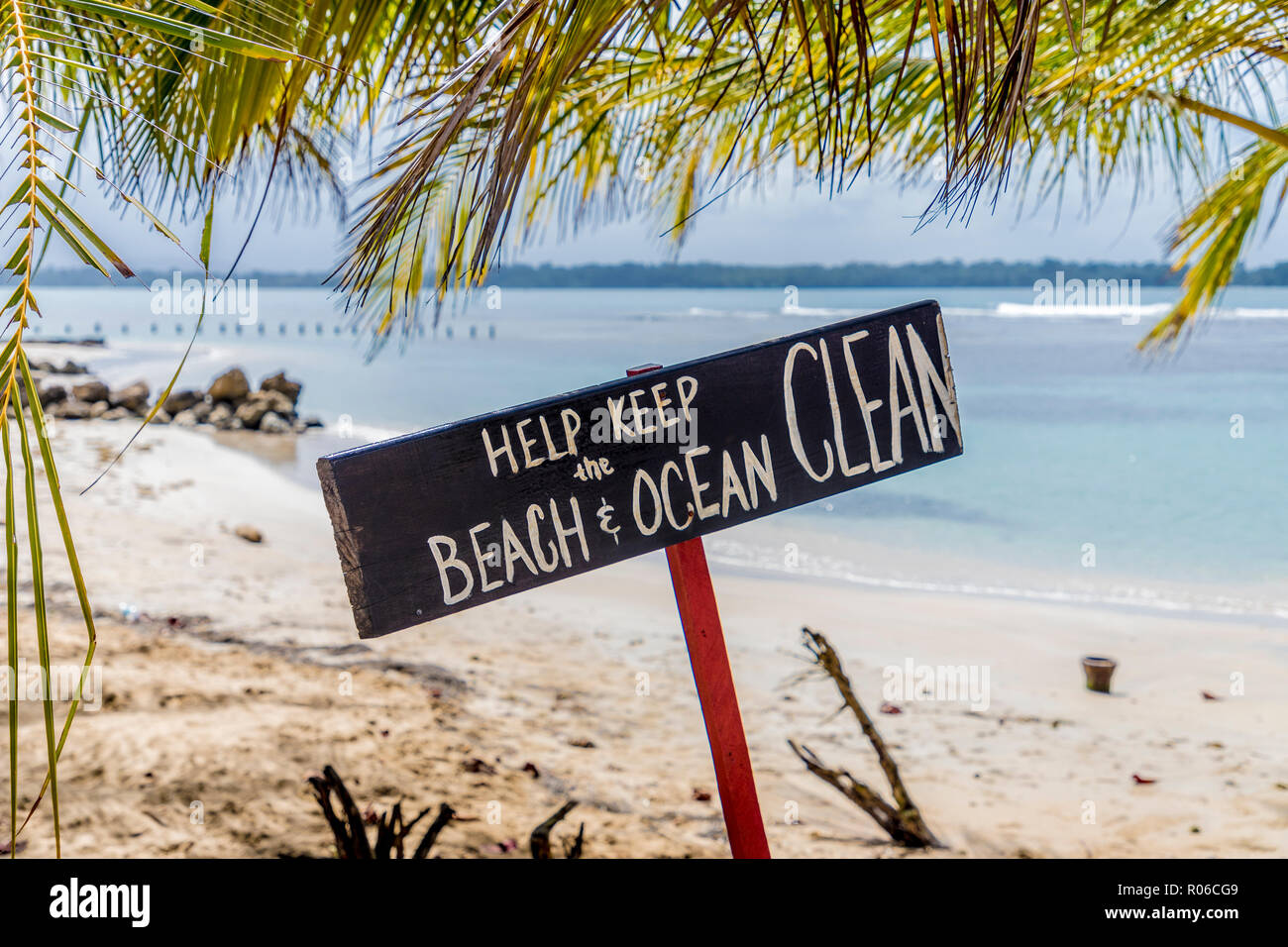 A sign on Bocas del Drago beach, Colon Island, Bocas del Toro Islands ...