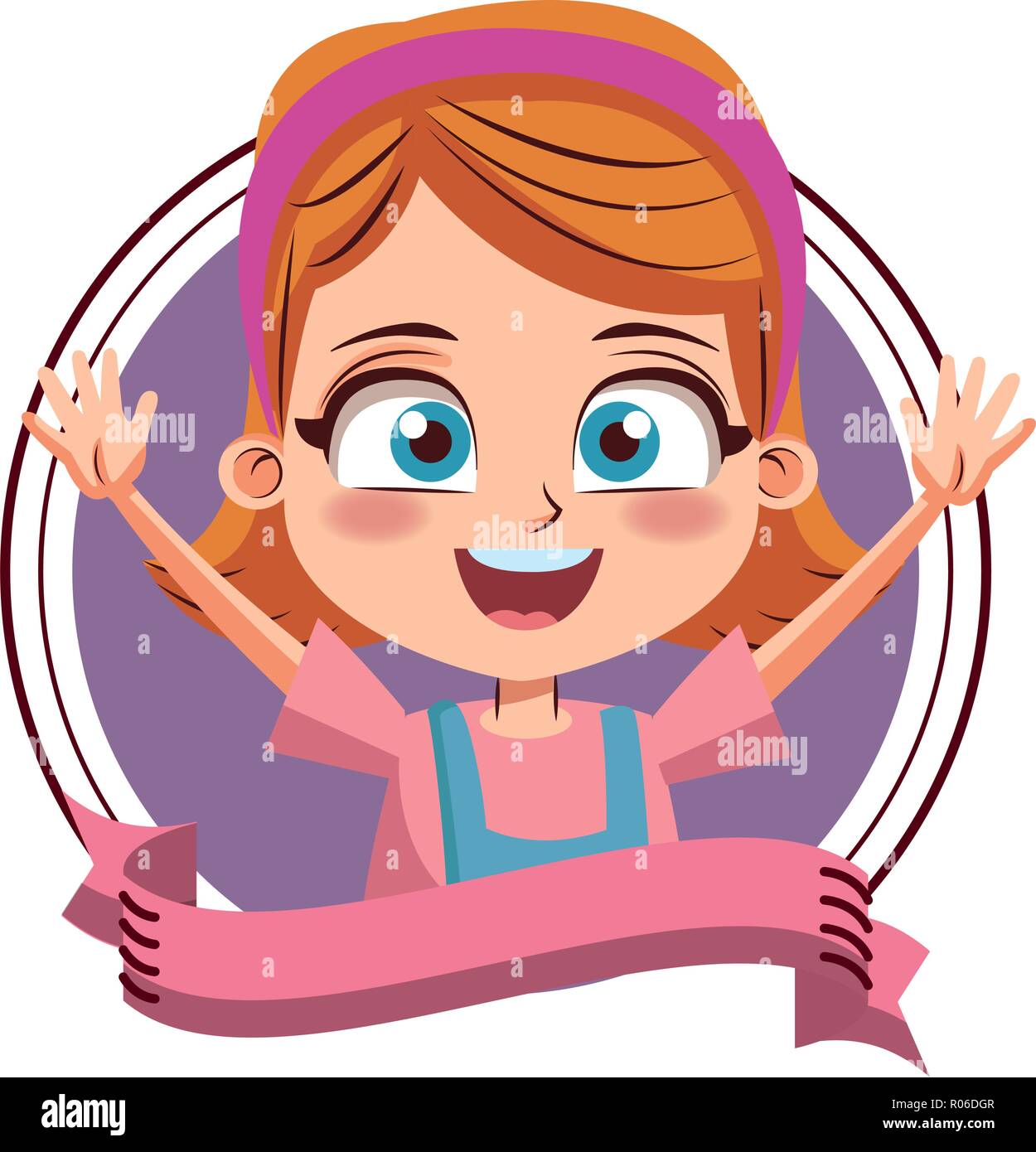 Happy girl children cartoon round frame with blank ribbon banner vector ...