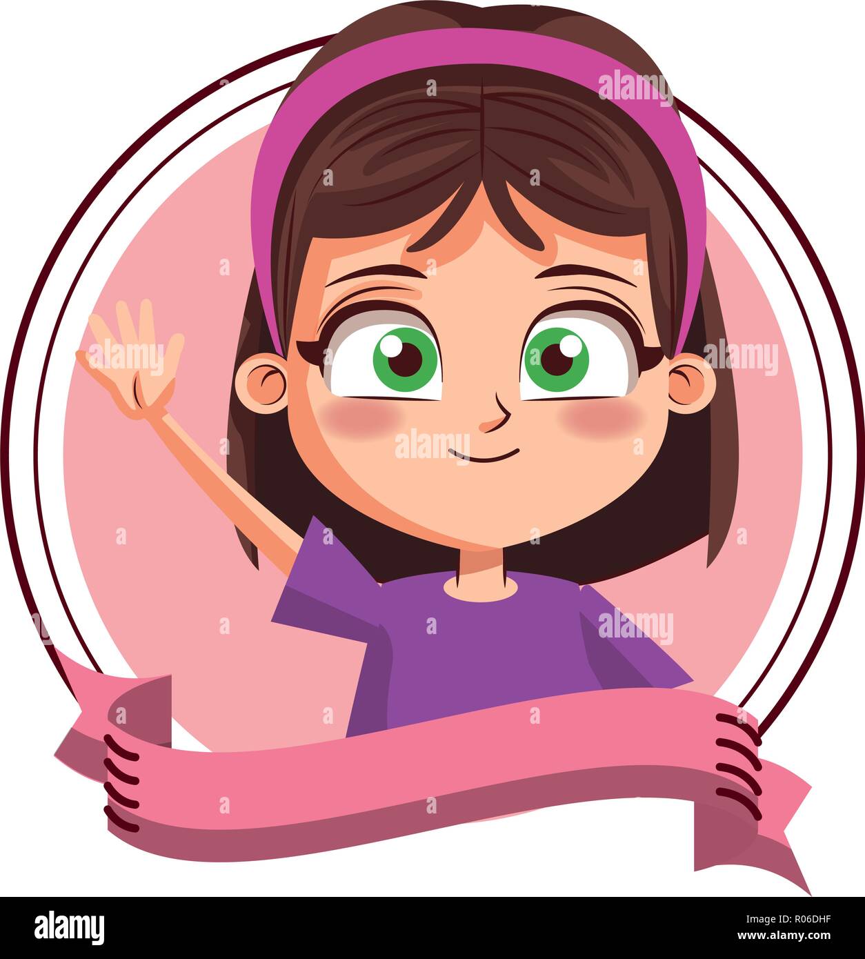 Happy girl children cartoon round frame with blank ribbon banner vector ...