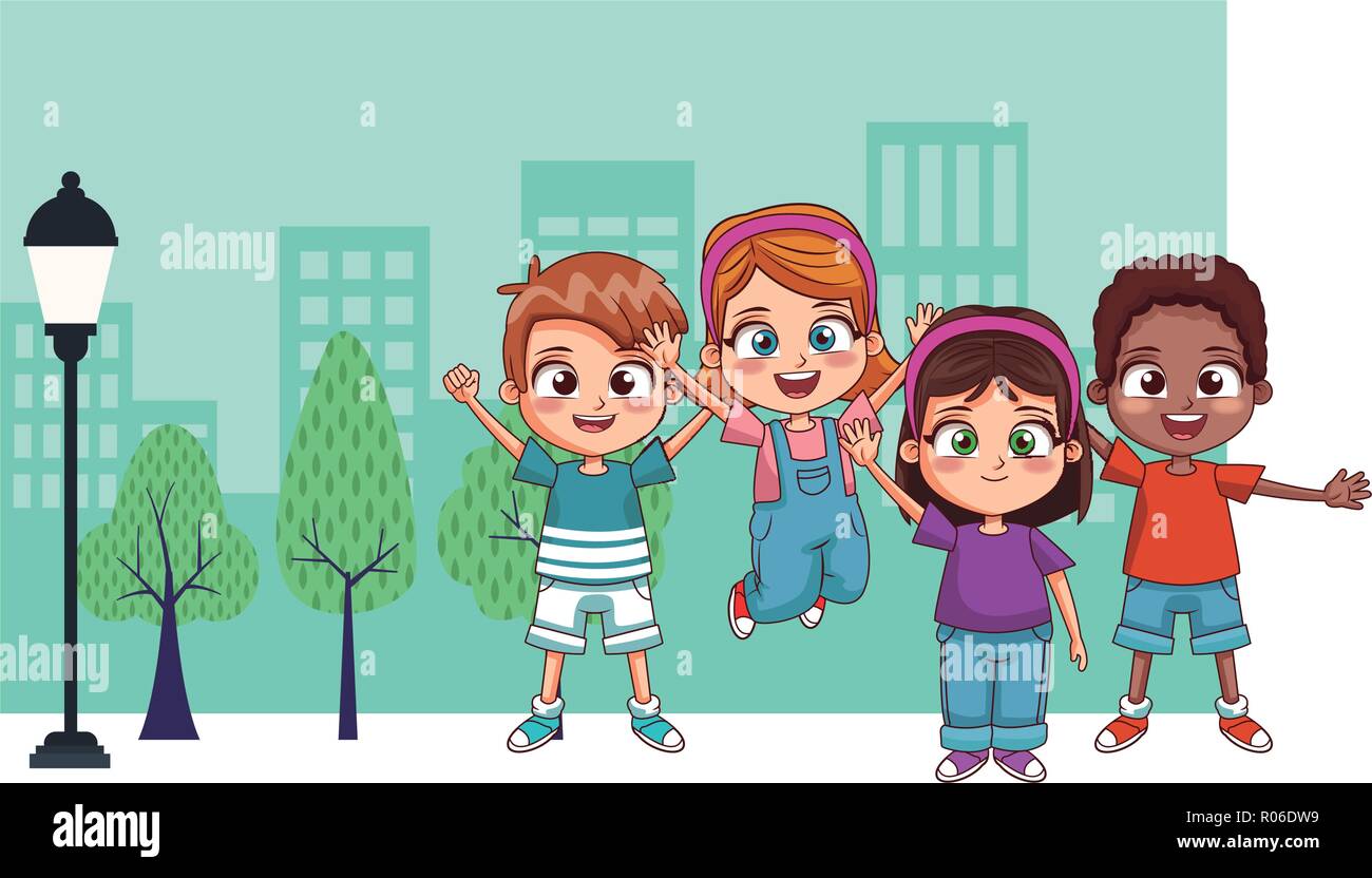 Happy friends kids playing at city scenery cartoons vector illustration ...