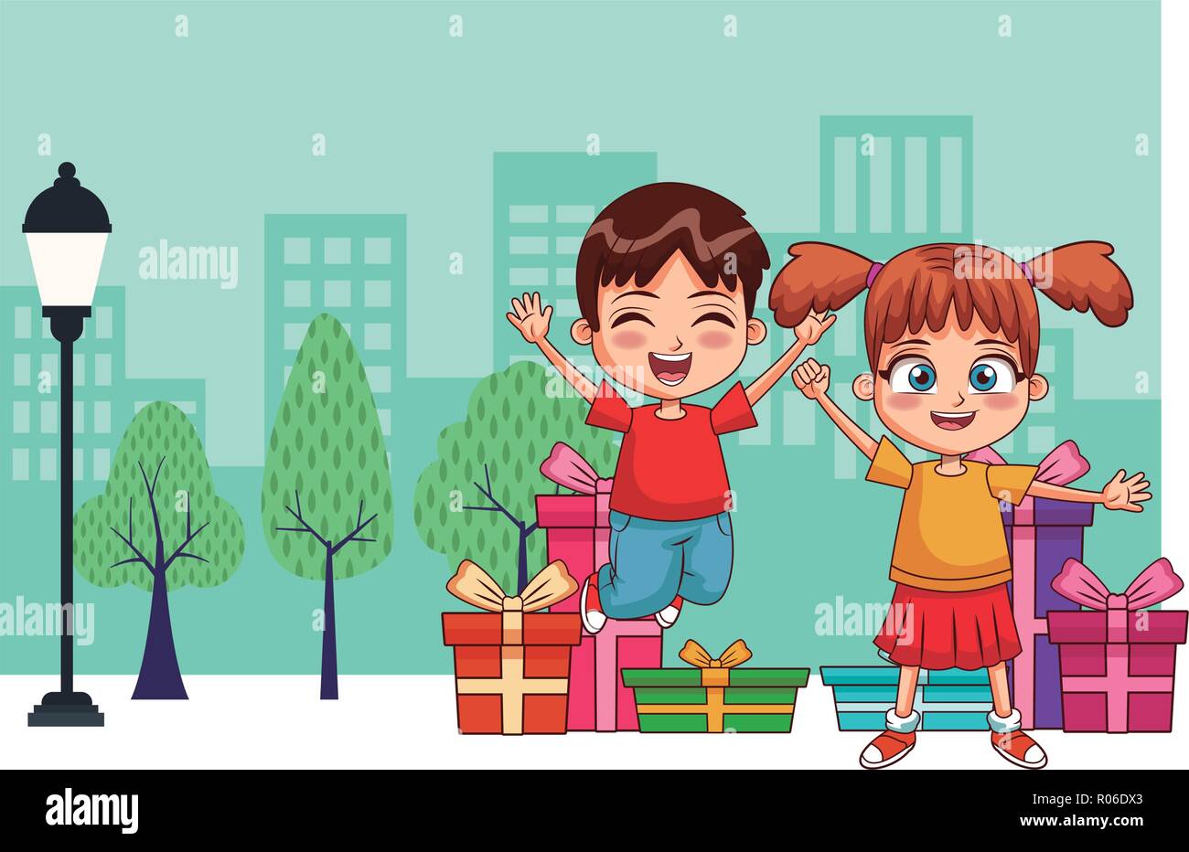 Kids birthday party with gift boxes at city scenery cartoon vector ...