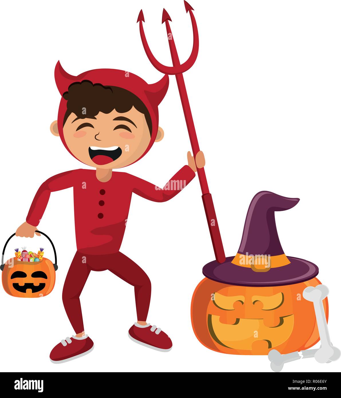 Halloween devil boy with torch and pumpkins vector illustration graphic ...