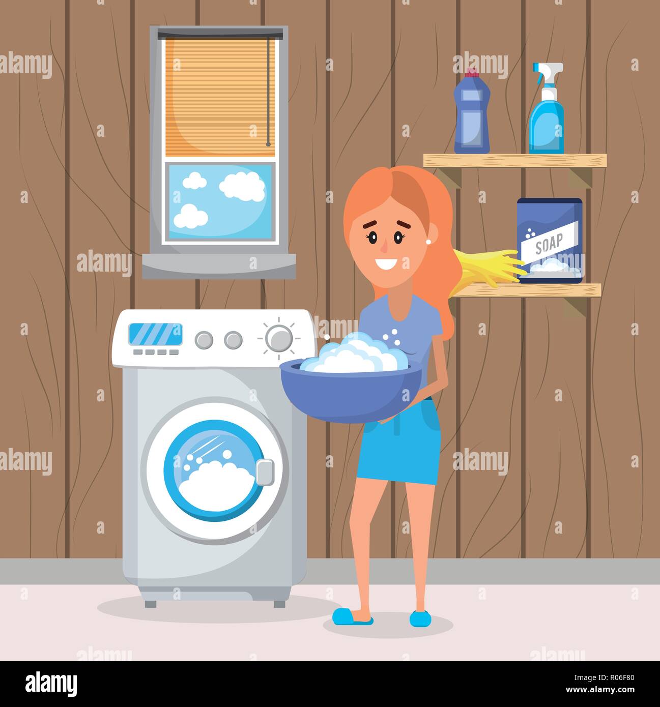 Woman on laundry room with appliances cartoon vector illustration ...