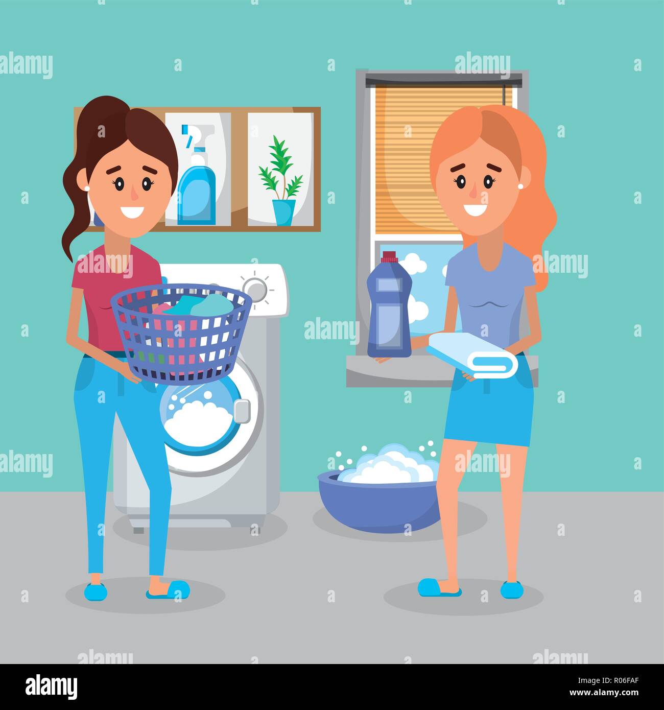 Women on laundry room with appliances cartoon vector illustration ...