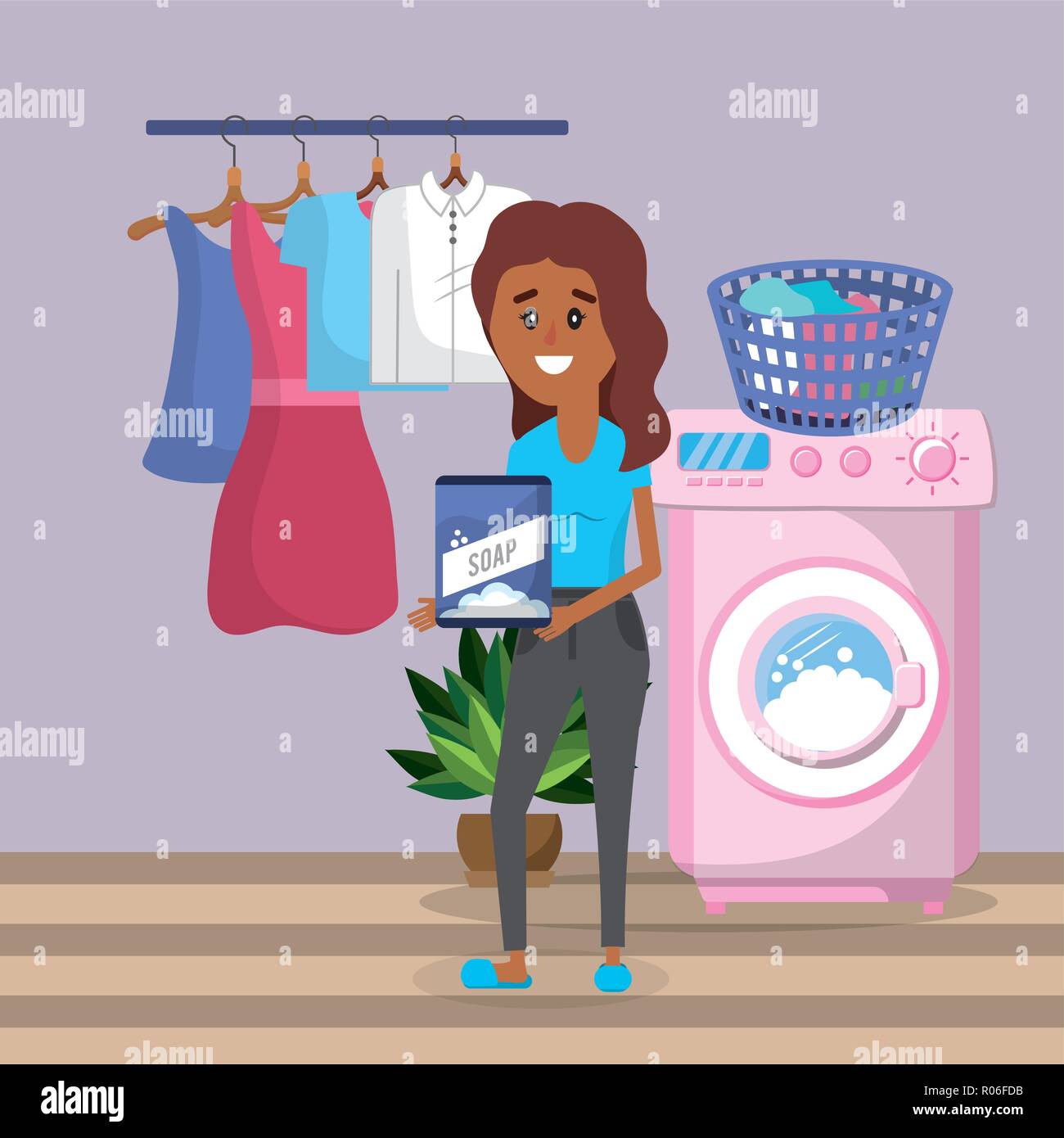Woman on laundry room with appliances cartoon vector illustration ...