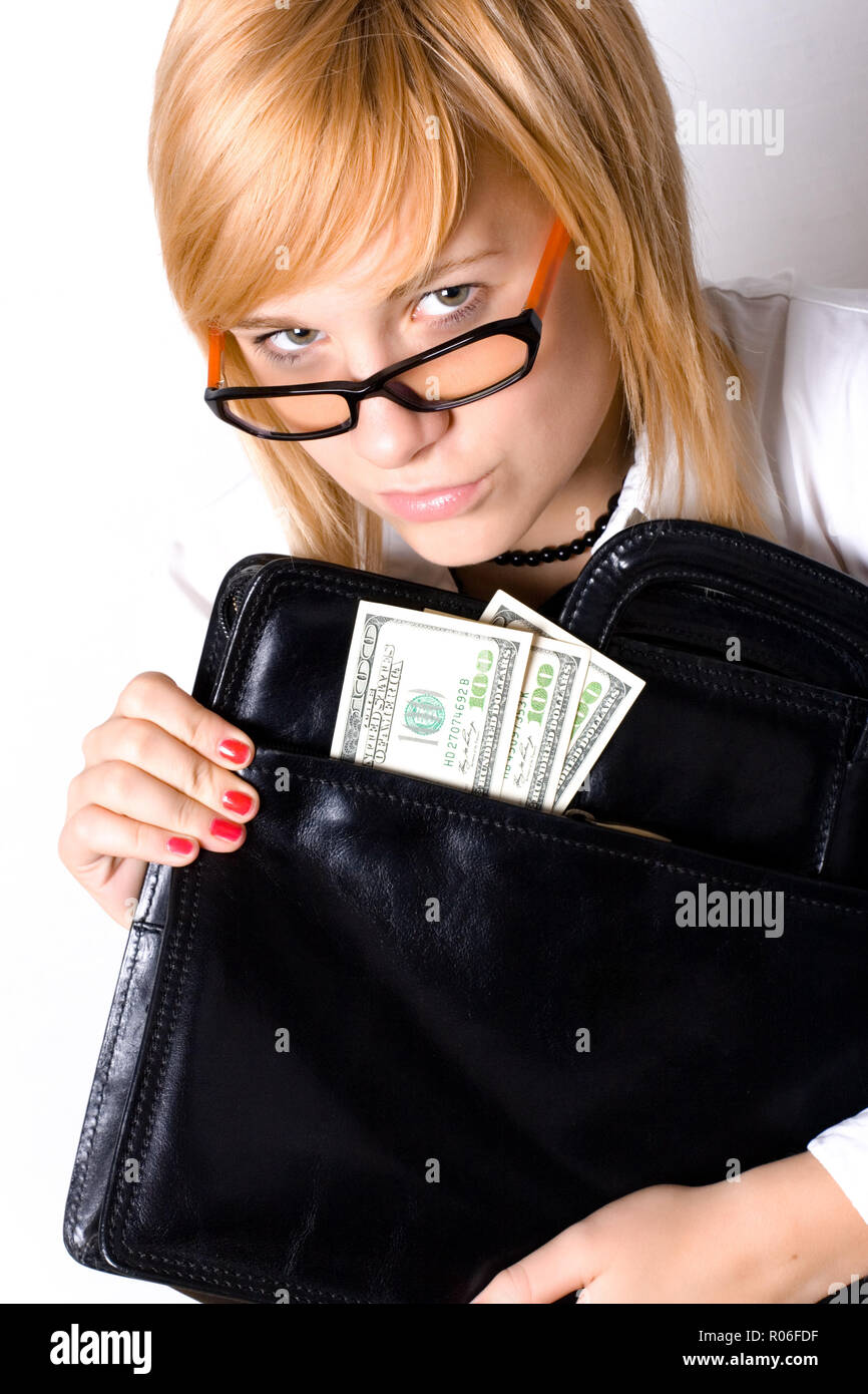 attractive businesswoman with portfolio and money on white background ...
