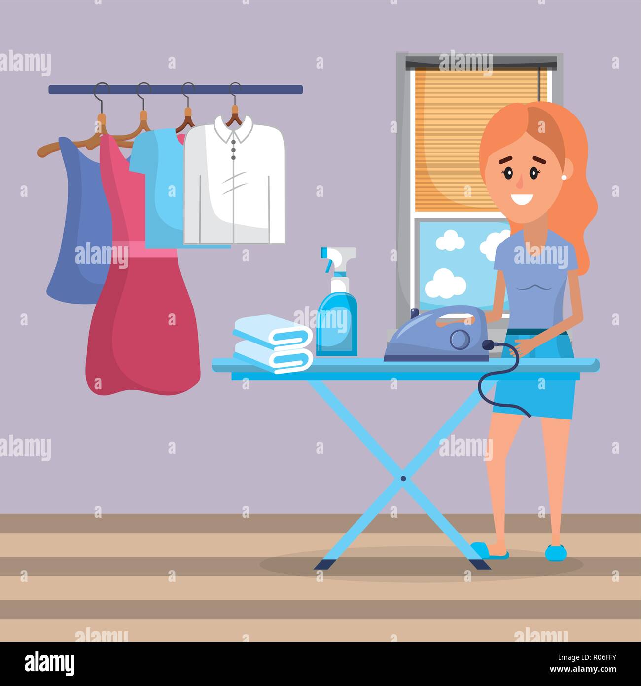 Woman on laundry room with appliances cartoon vector illustration ...