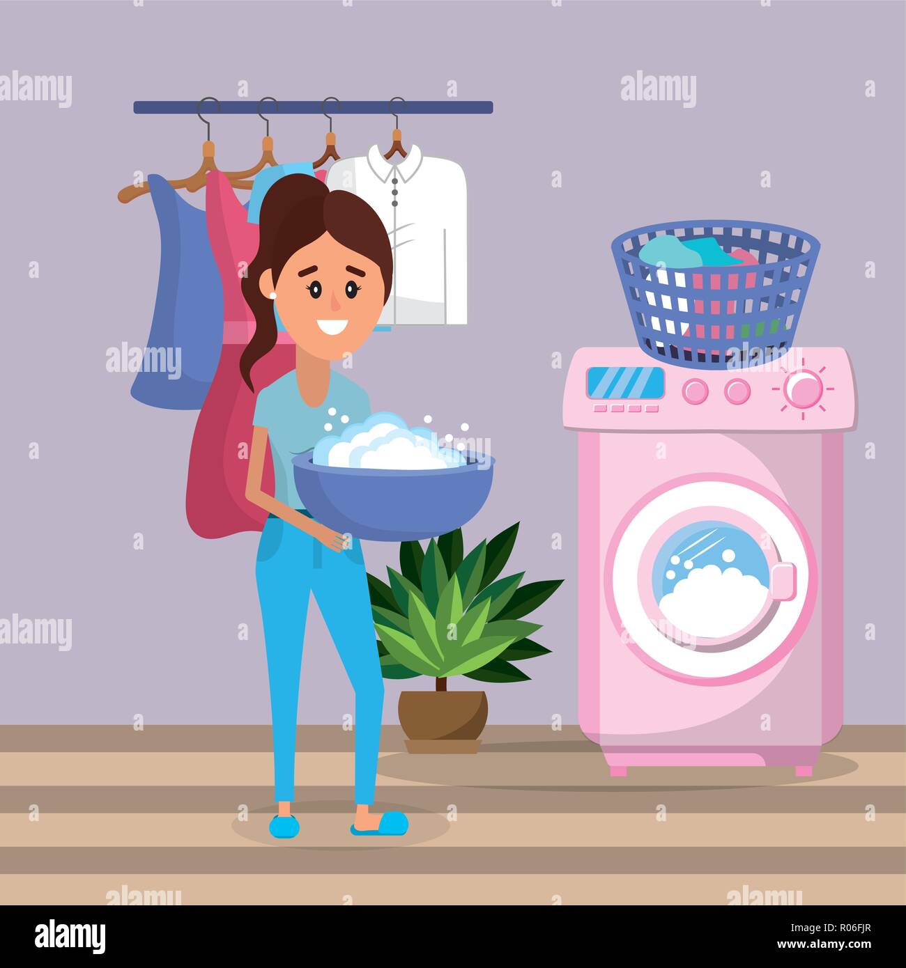 Woman on laundry room with appliances cartoon vector illustration ...