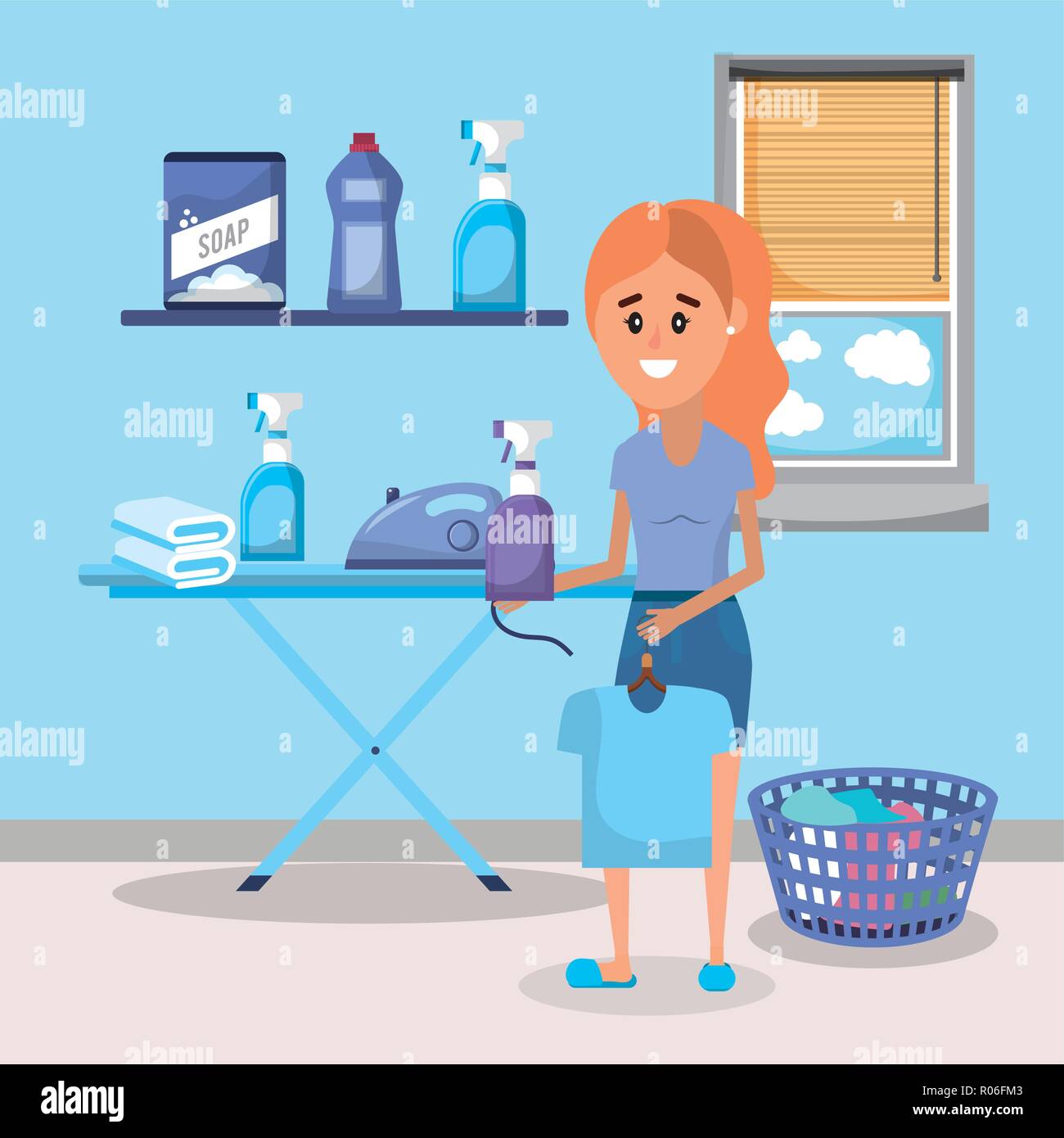 Woman on laundry room with appliances cartoon vector illustration ...