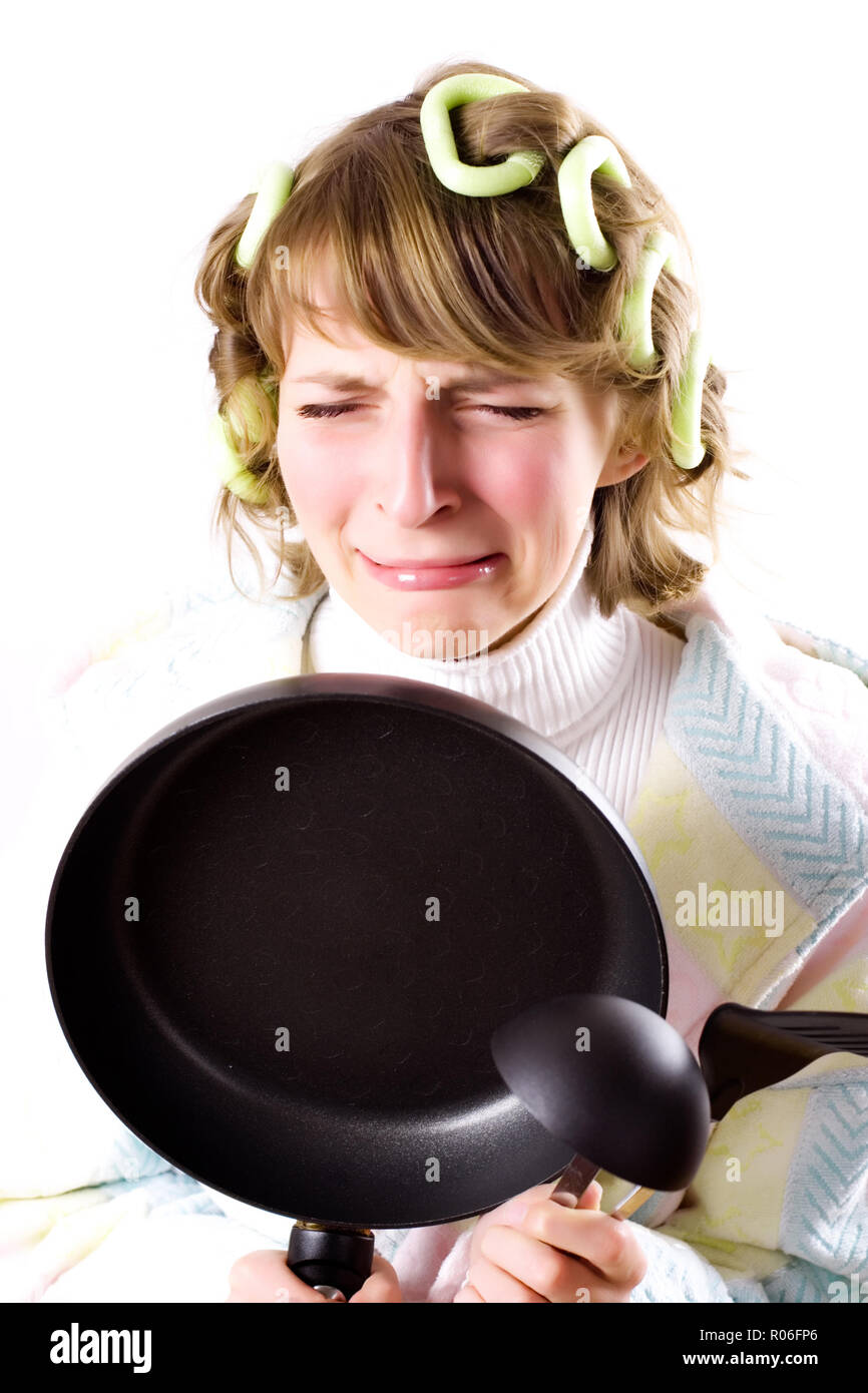 crying housewife with pan isolated on white background Stock Photo - Alamy