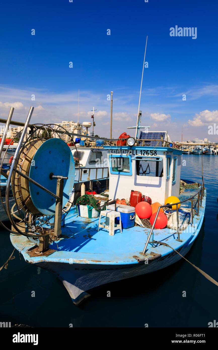 Local, traditional fishing boat, Larnaca fishing port, Cyprus October ...