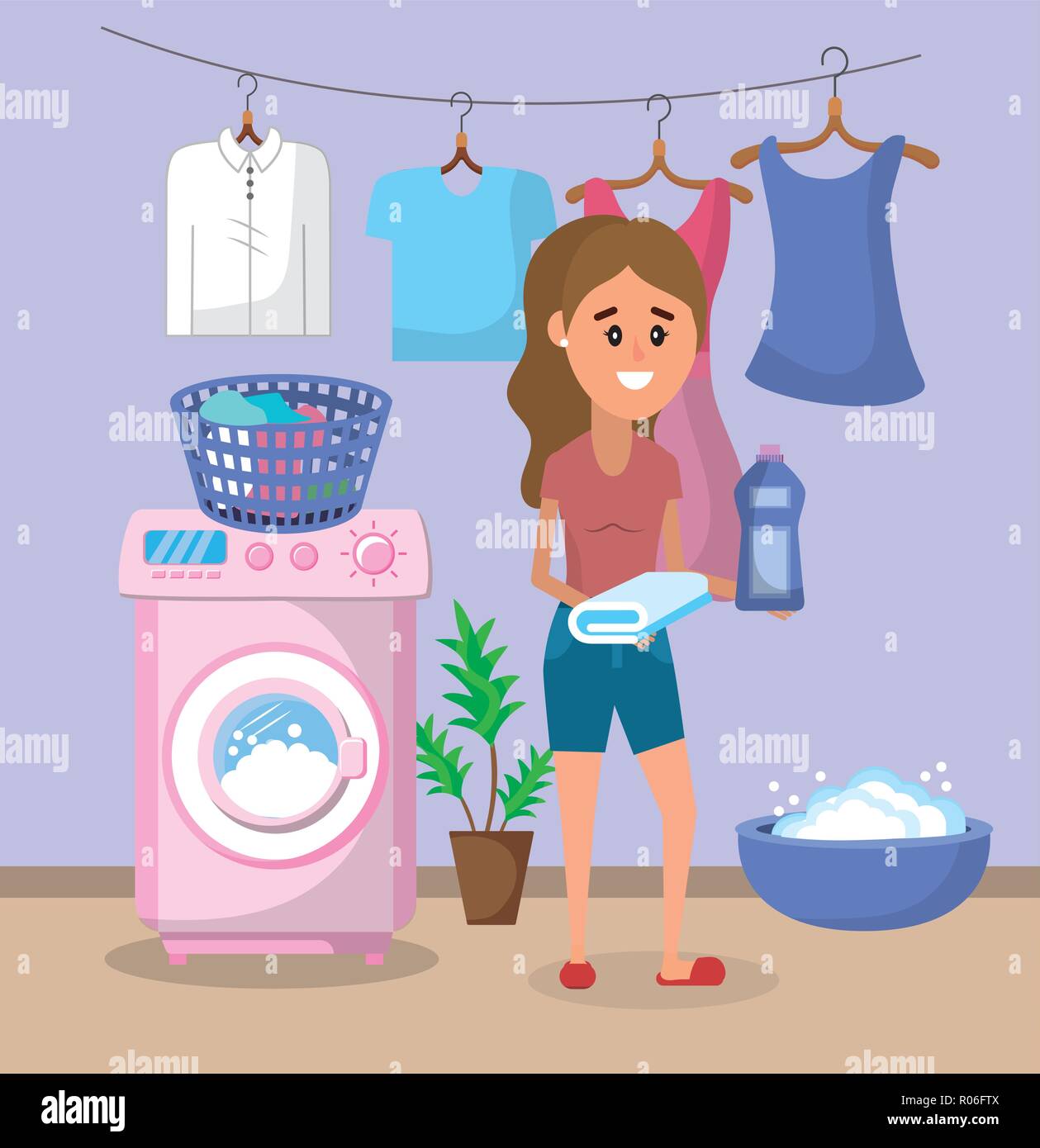 Woman on laundry room with appliances cartoon vector illustration ...