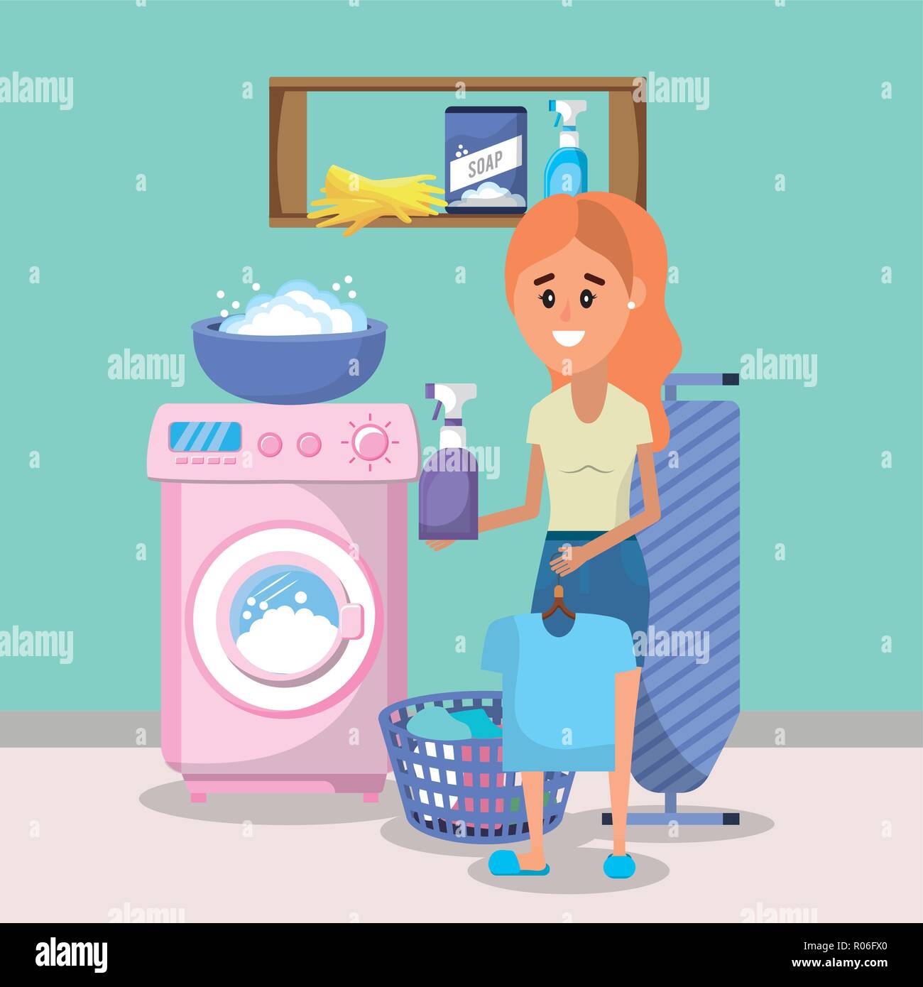 Woman on laundry room with appliances cartoon vector illustration ...