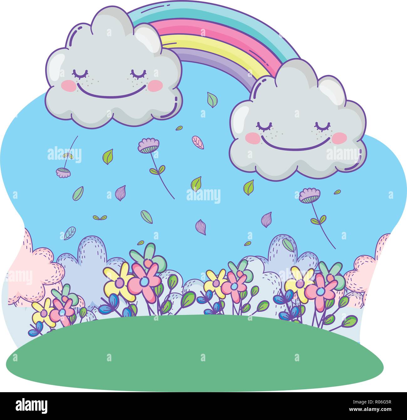 Cute landscape with clouds and rainbow cartoon vector illustration ...