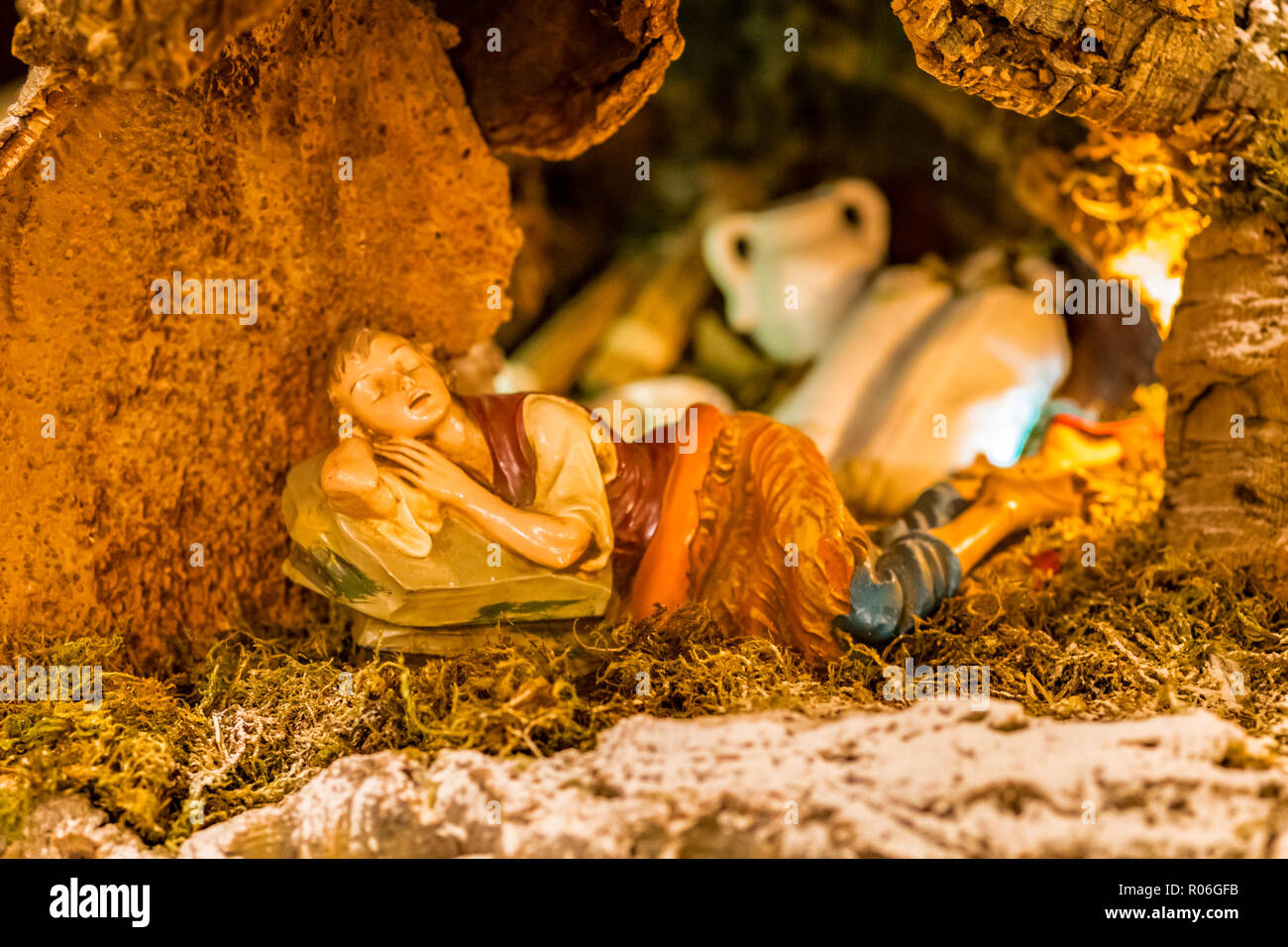sleeping Shepherd in Christmas Nativity scene Stock Photo - Alamy