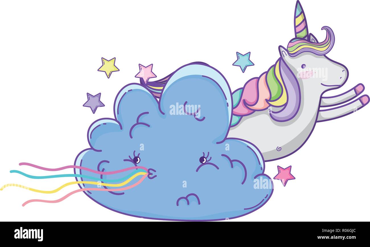 Cute unicorn flying on cloud cartoon vector illustration graphic design ...