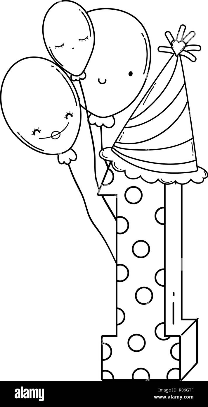 Birthday number one with balloons and hat cartoon vector illustration ...