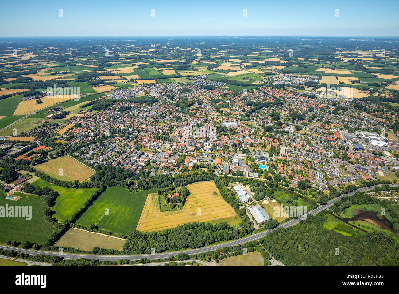 Aerial view, overview Ostbevern, B 51, Münsterland, North Rhine ...