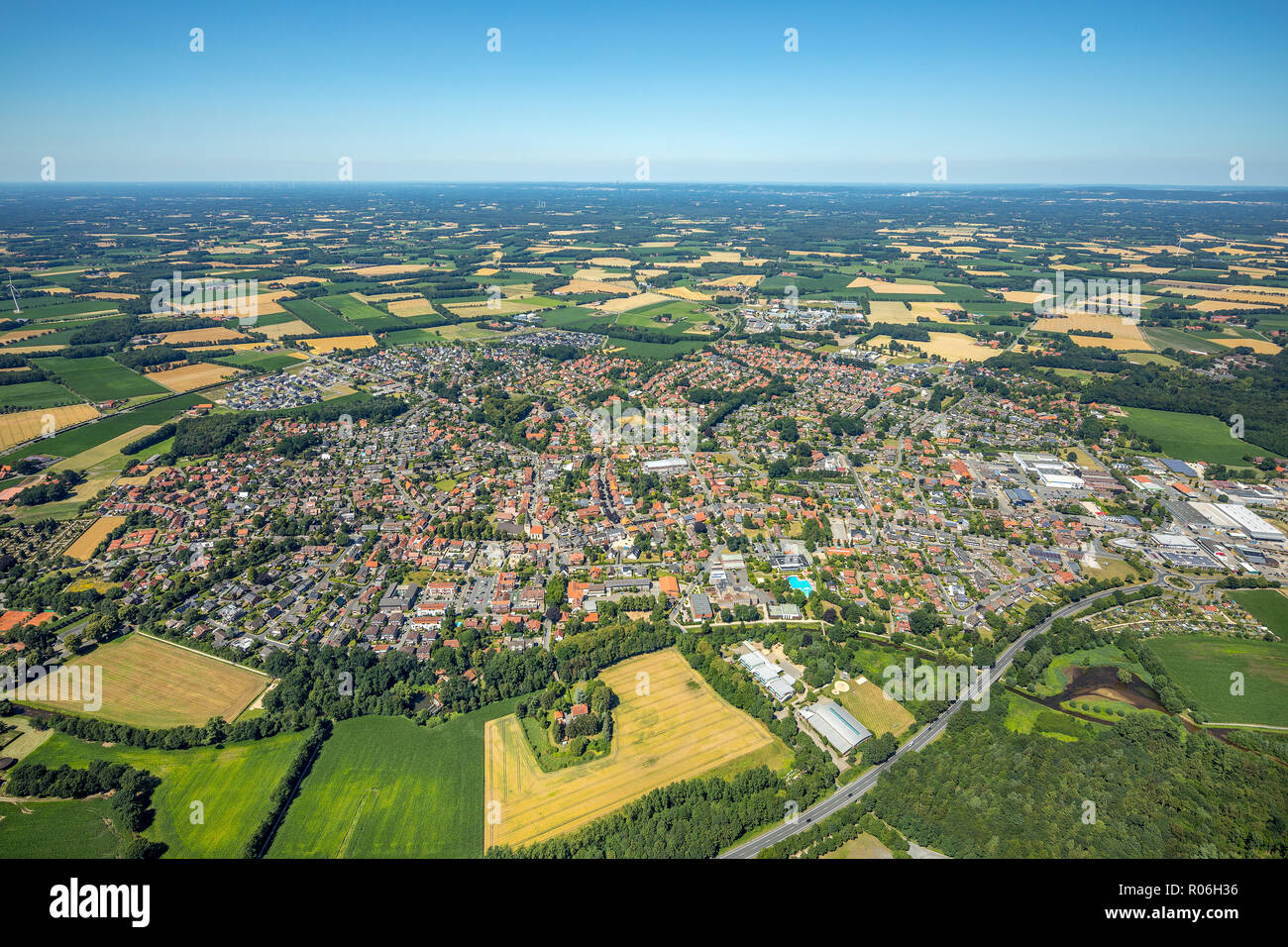 Aerial view, overview Ostbevern, B 51, Münsterland, North Rhine ...