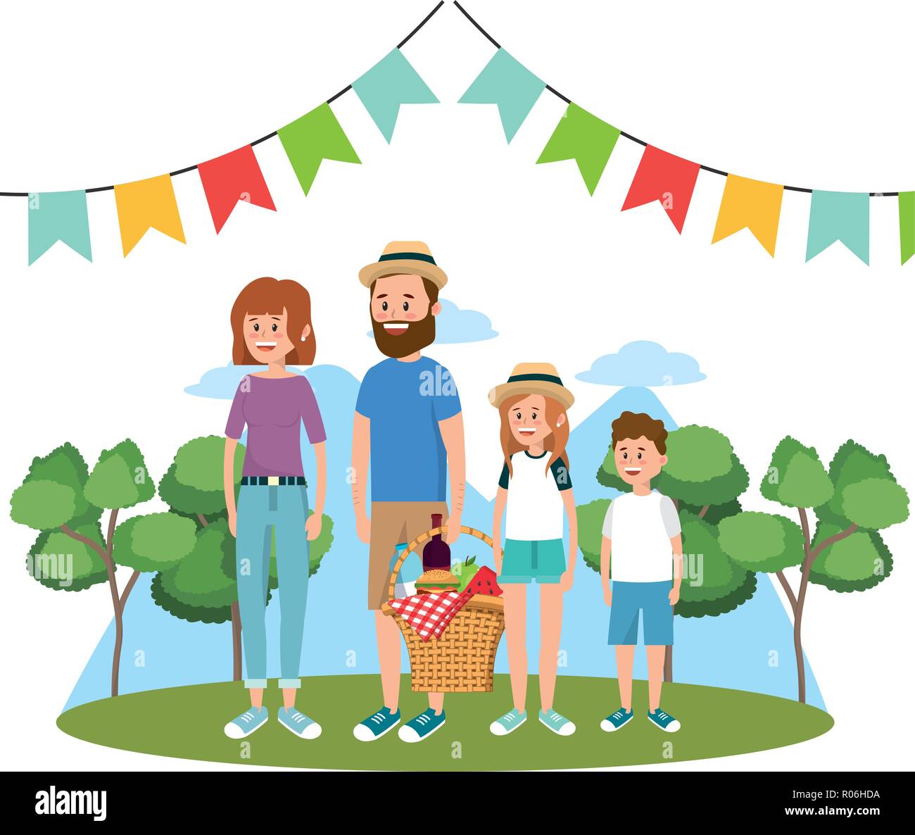 Family with childrens on picnic summer cartoons vector illustration ...