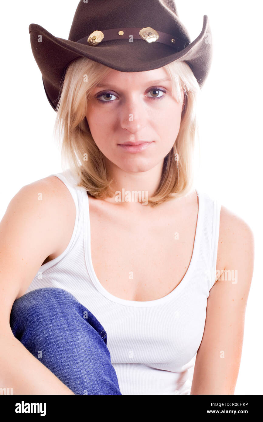 pretty western woman in hat closeup on white background Stock Photo - Alamy