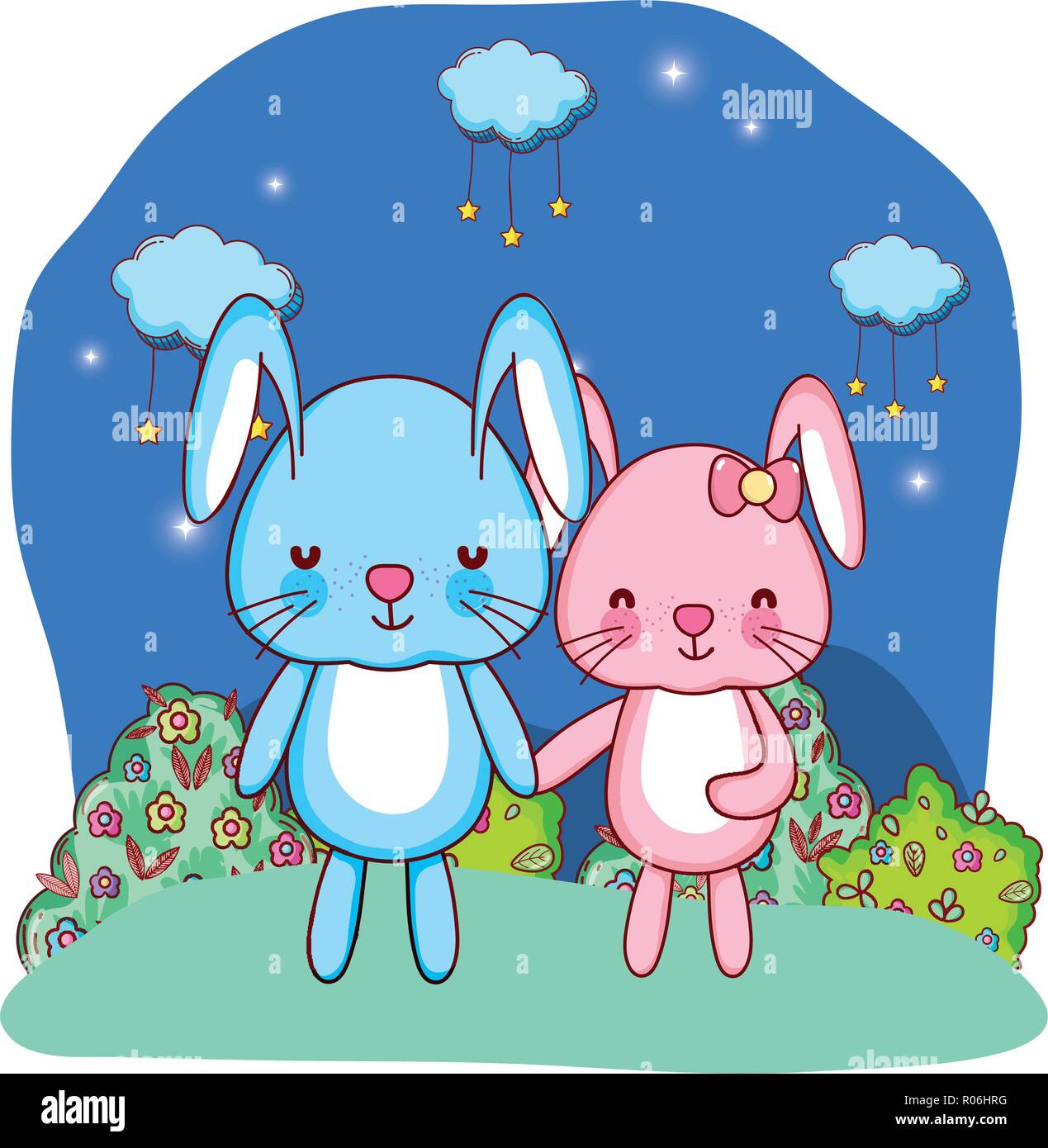 cute rabbits outdoors in nature scenery cartoon vector illustration ...