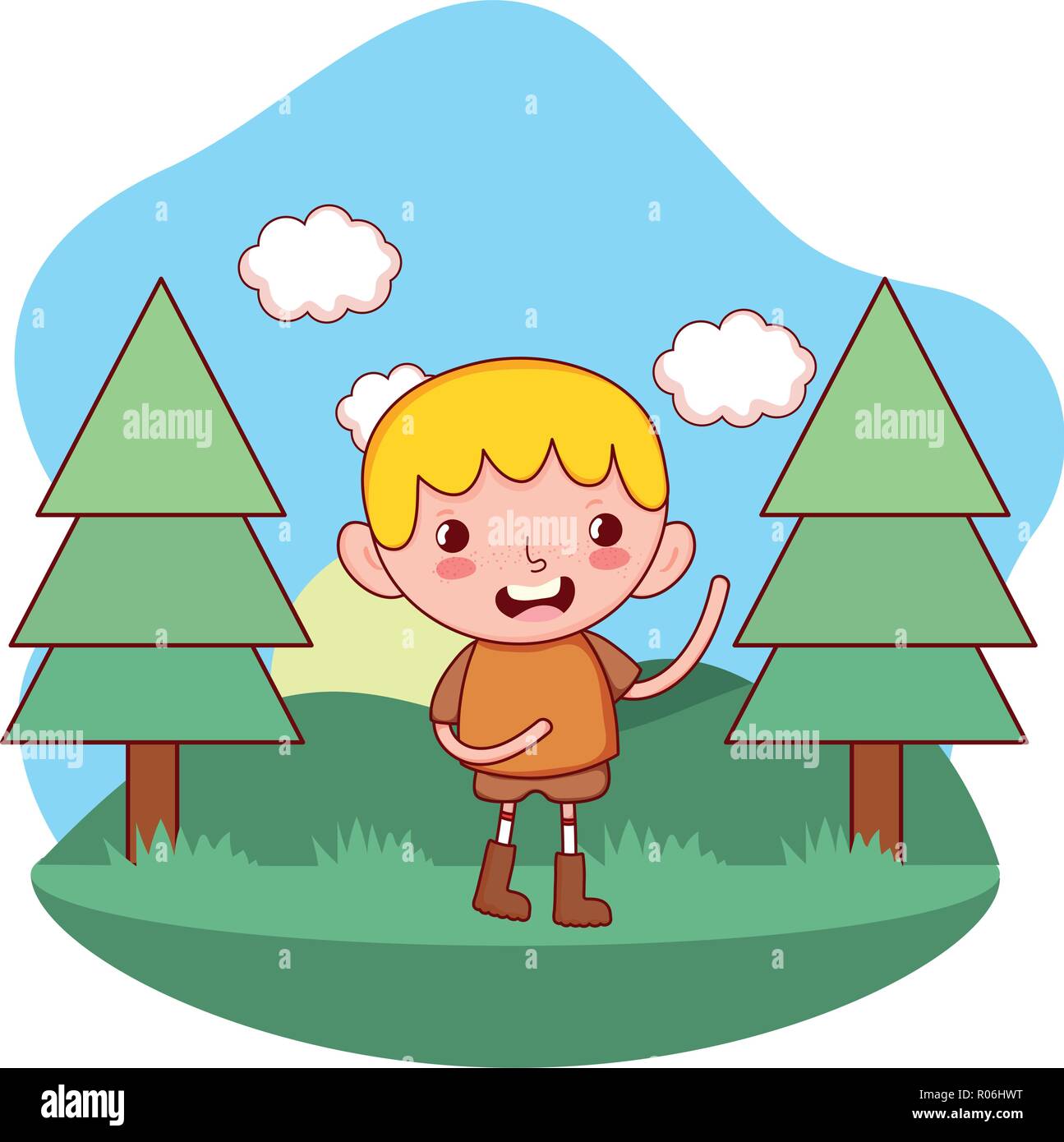 boy outdoors in nature scenery cartoon vector illustration graphic ...