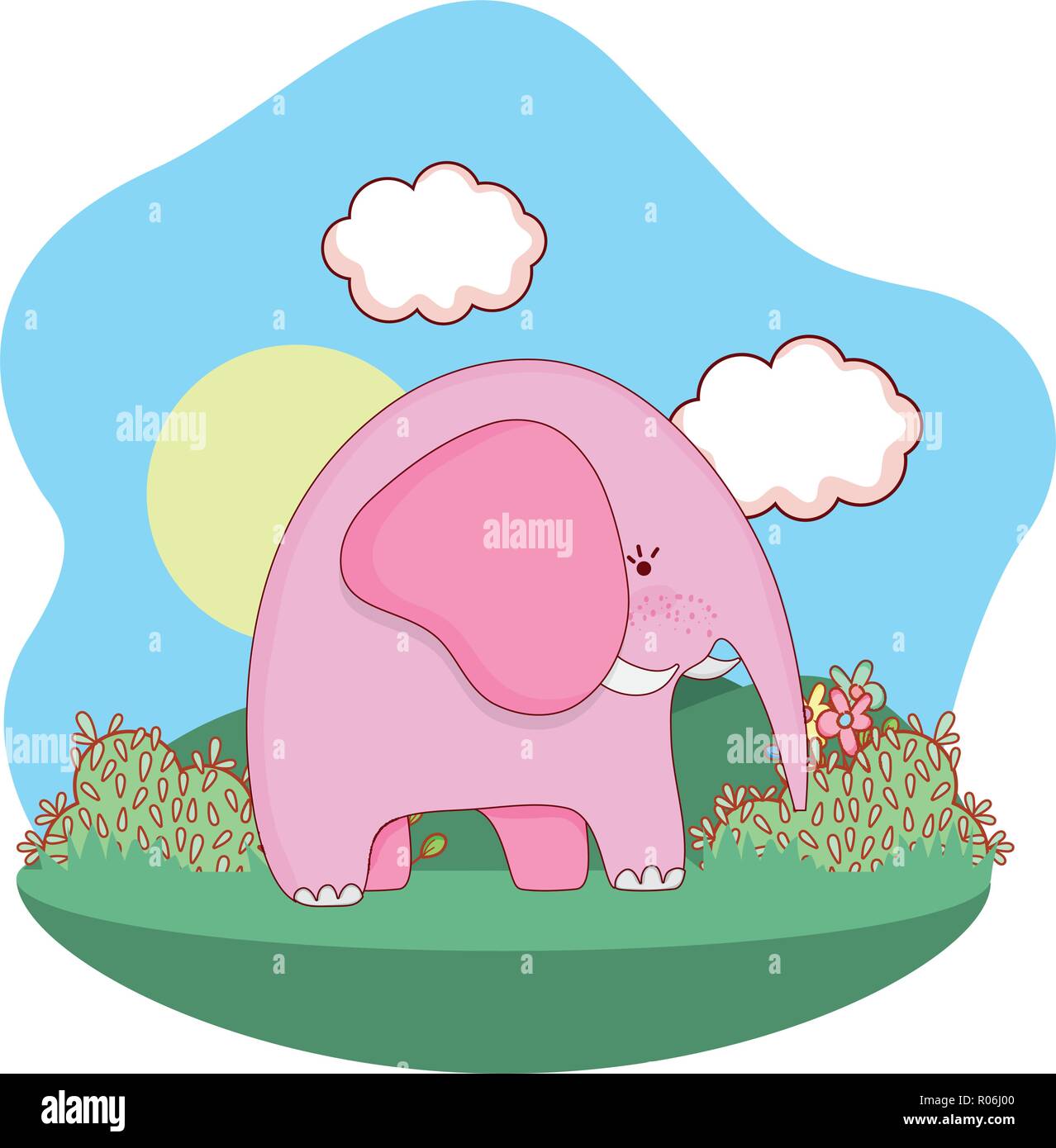 pink elephant outdoors in nature scenery cartoon vector illustration ...