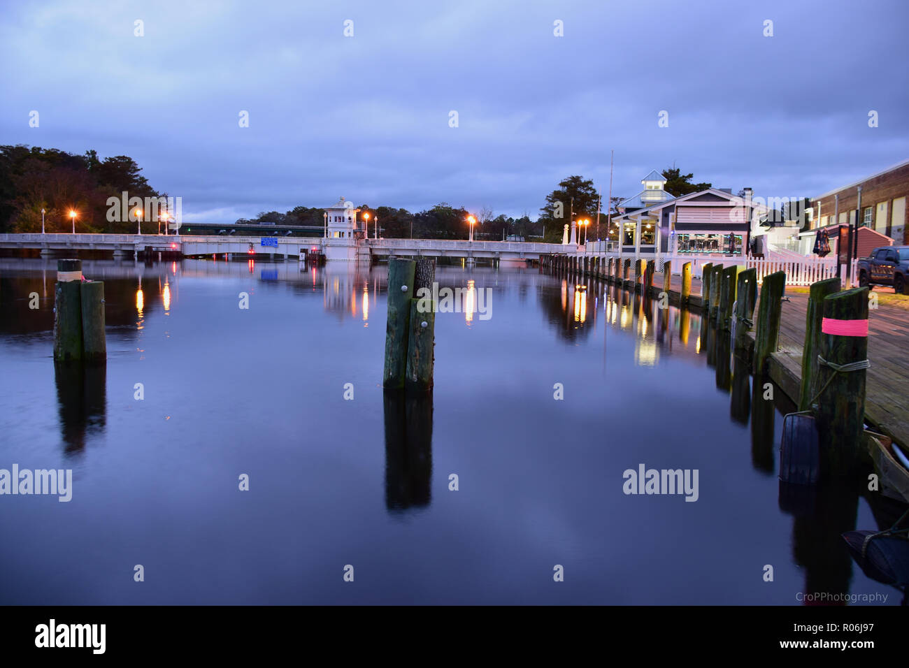Downtown Pocomoke MD near draw bridge at night Stock Photo - Alamy