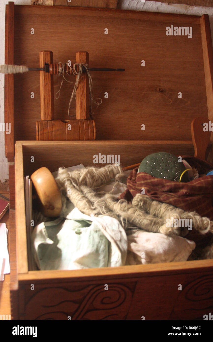 Vintage sewing set displayed at living history museum in U.S.A Stock ...