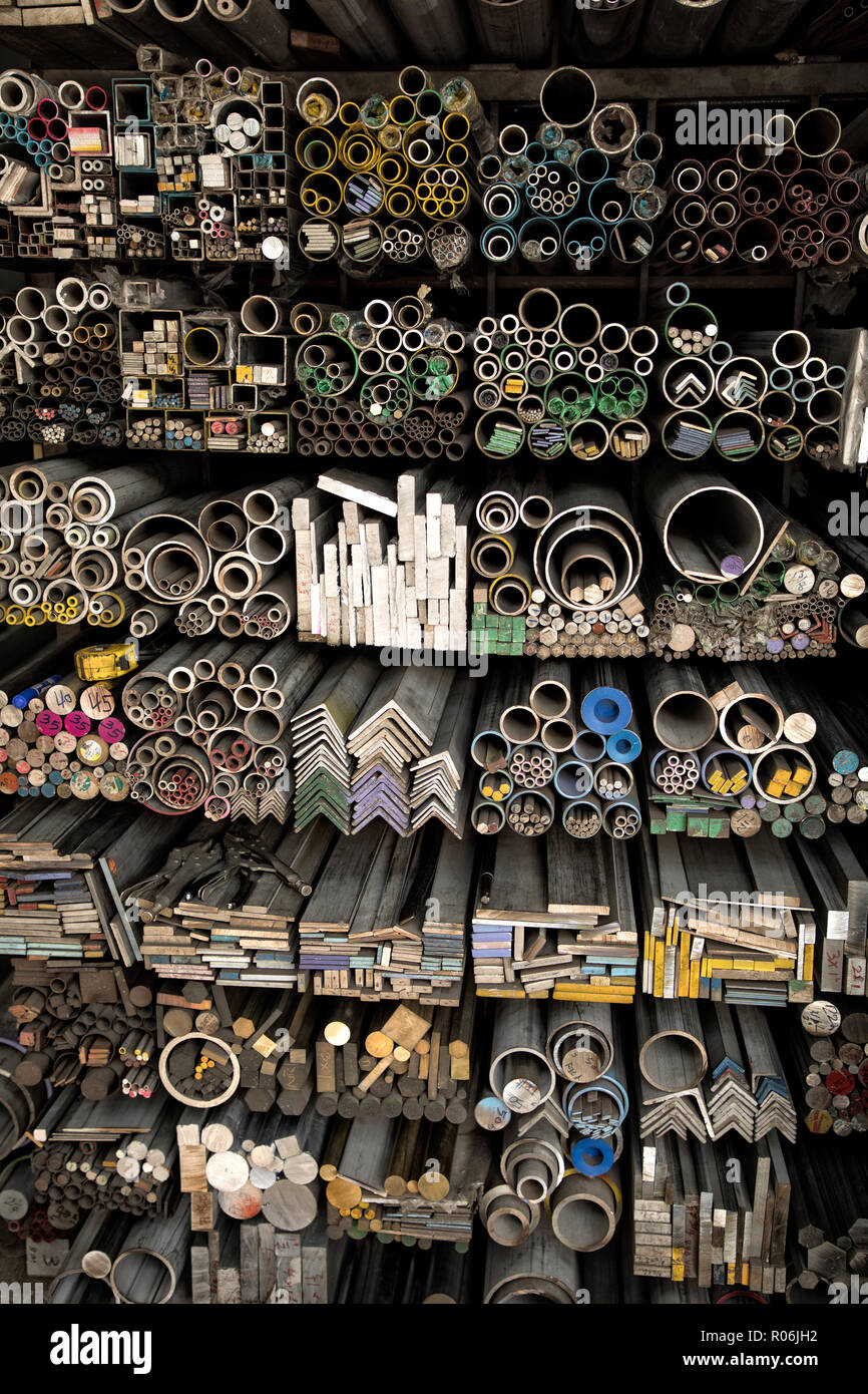 Close up various shape industrial steel products of metal profiles and ...