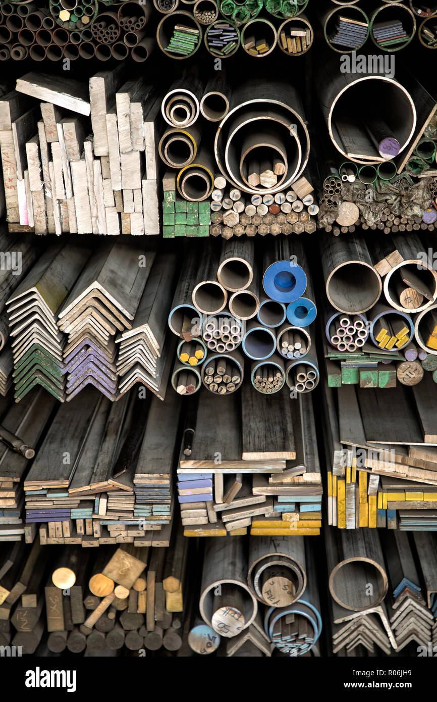 Close up various shape industrial steel products of metal profiles and ...