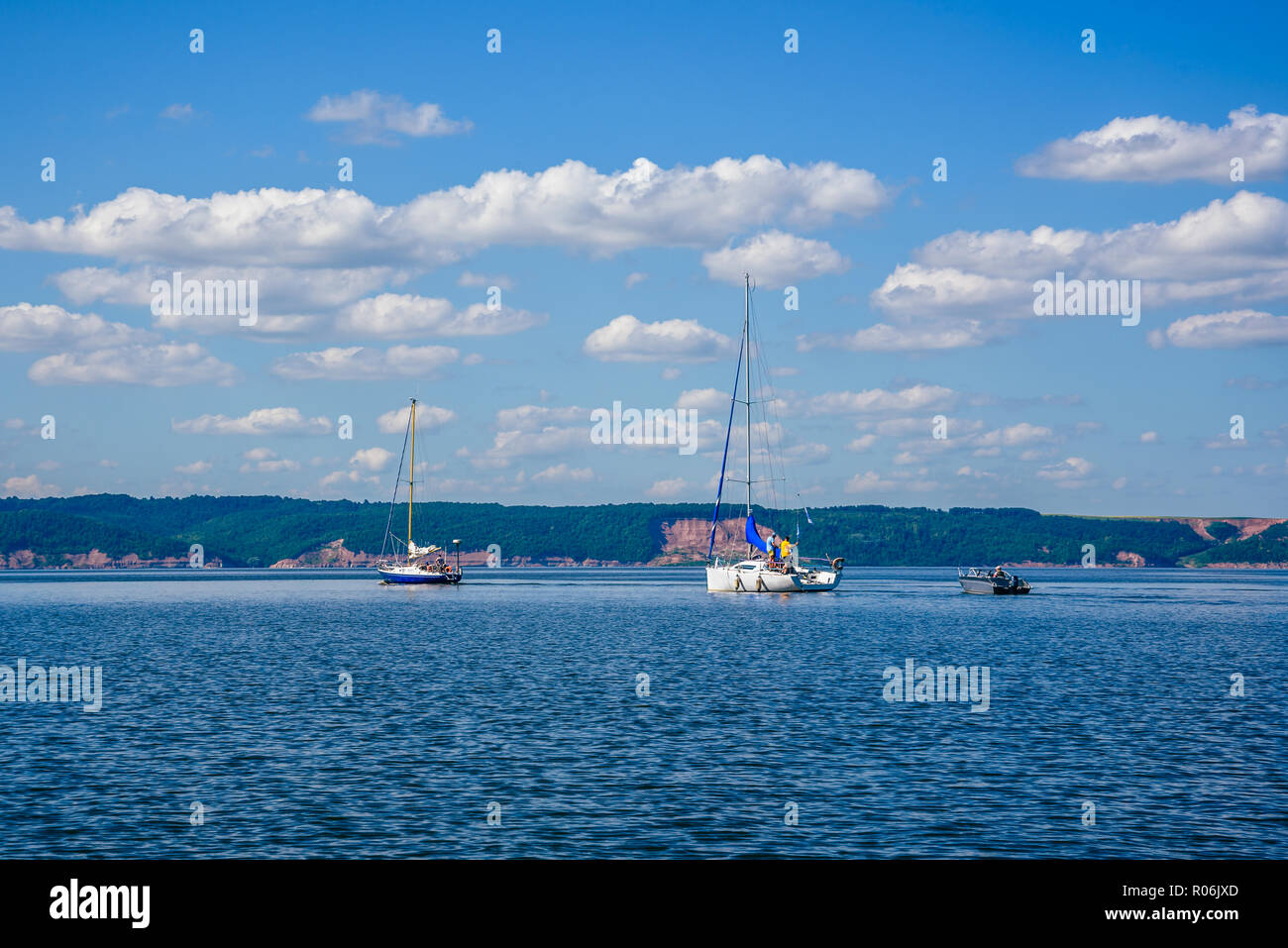 Two Sailing Boats and One Motor Boat on the River Stock Photo - Alamy