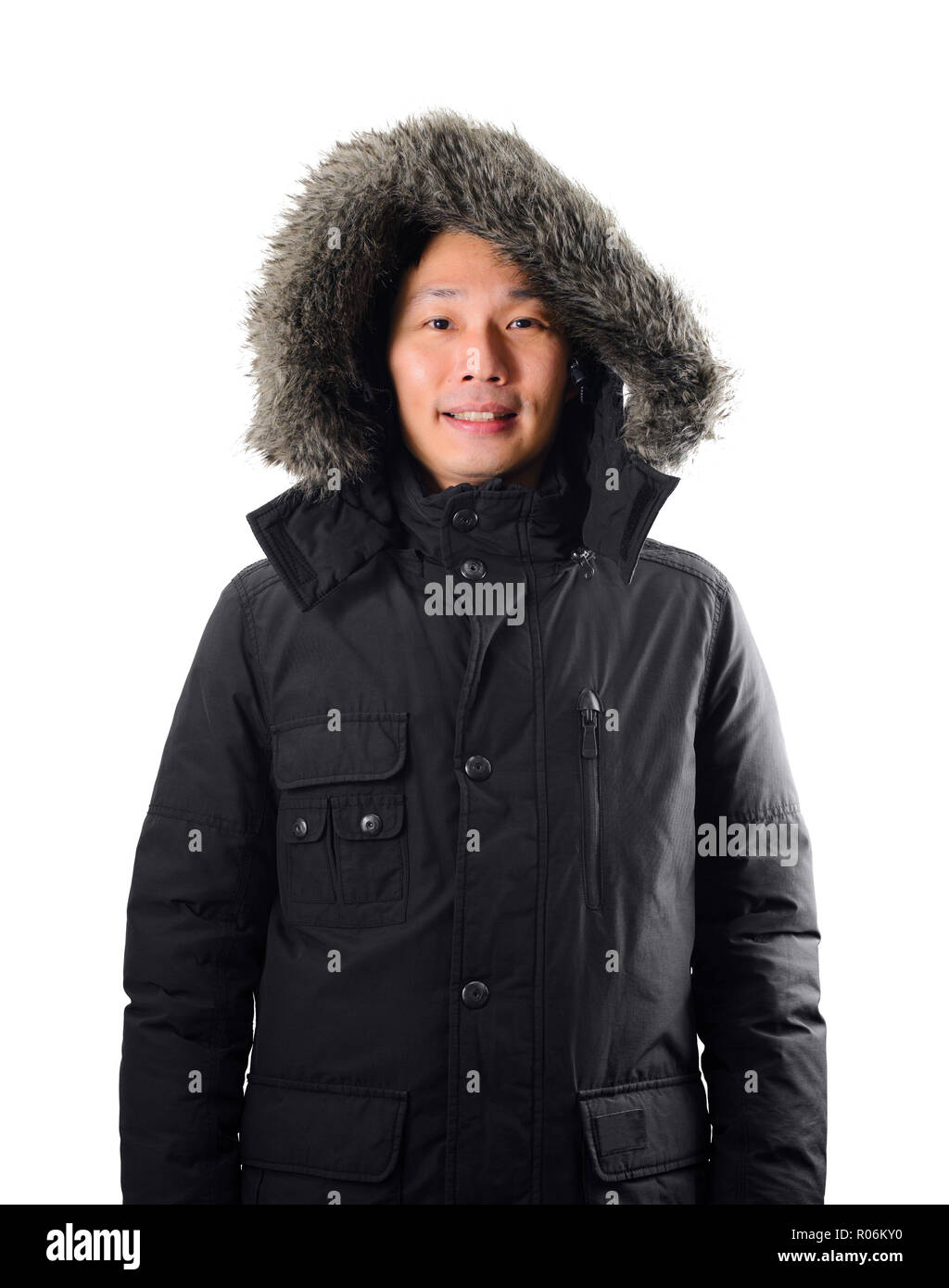 Portrait asian man wearing black overcoat on white background Stock ...