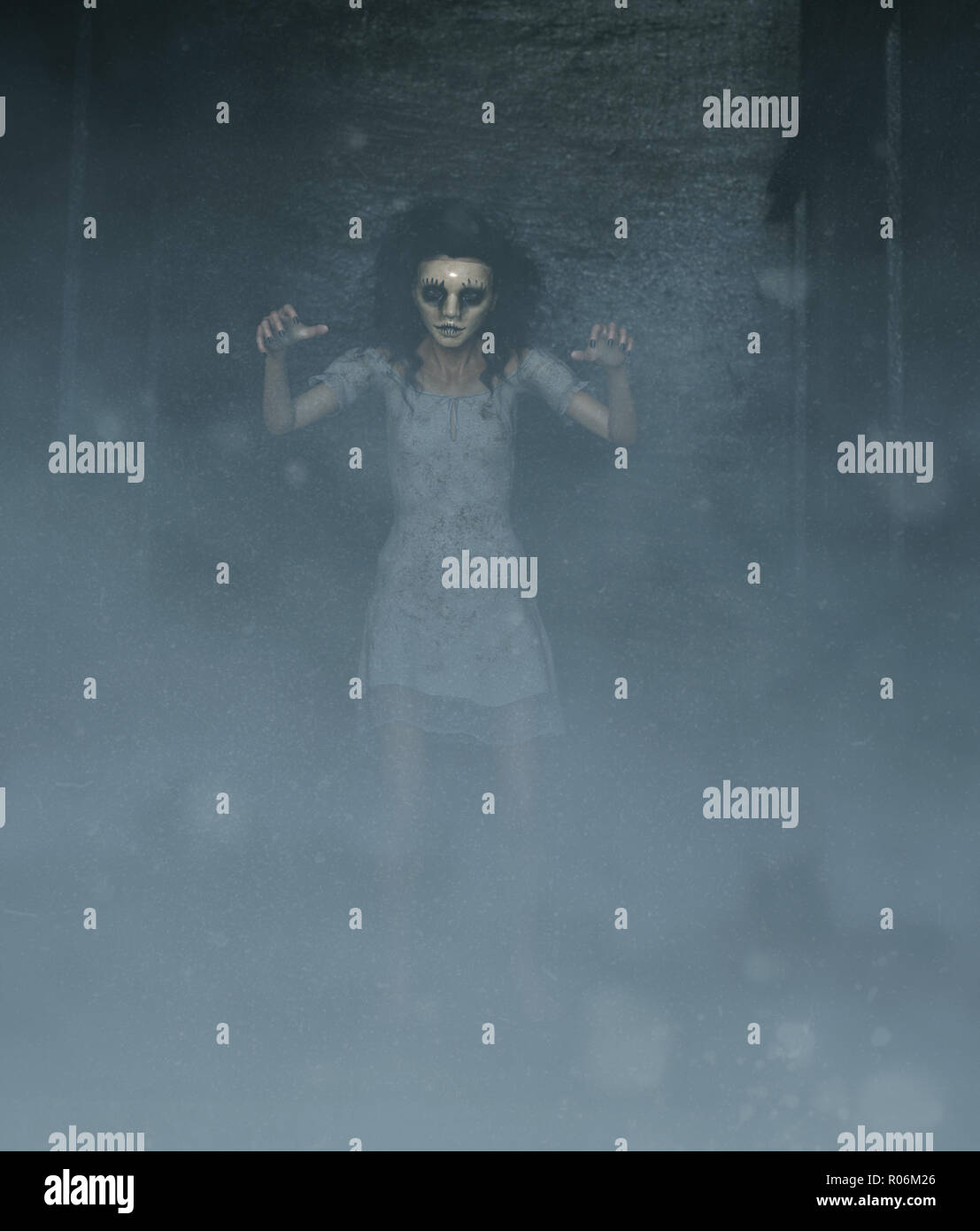 ghost woman in creepy mask as she have to hiding her face,3d ...