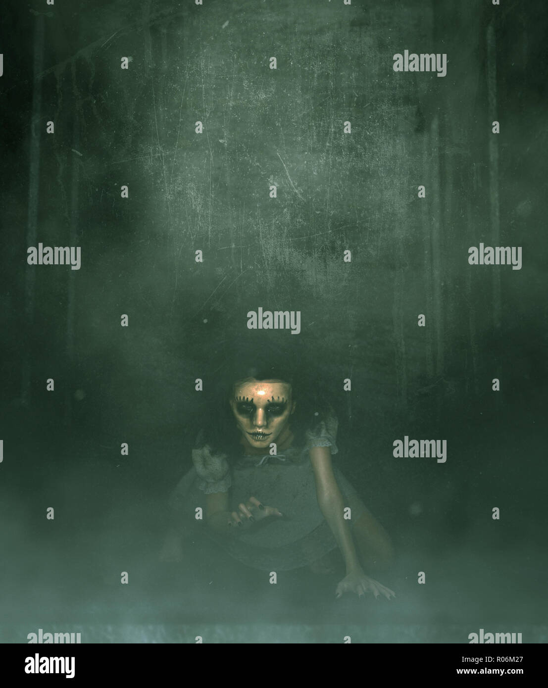 ghost woman in creepy mask as she have to hiding her face,3d ...