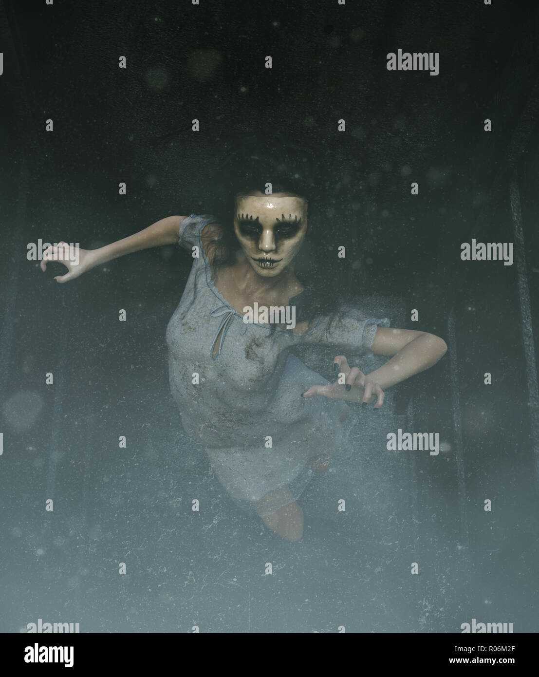 ghost woman in creepy mask as she have to hiding her face,3d ...