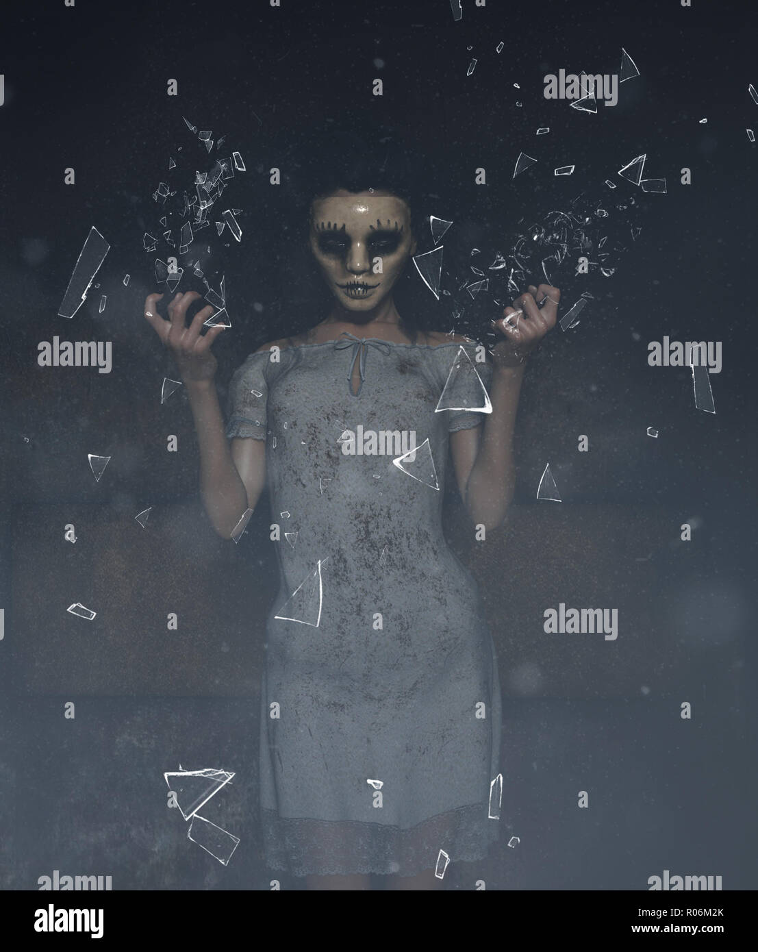 ghost woman in creepy mask as she have to hiding her face,3d ...