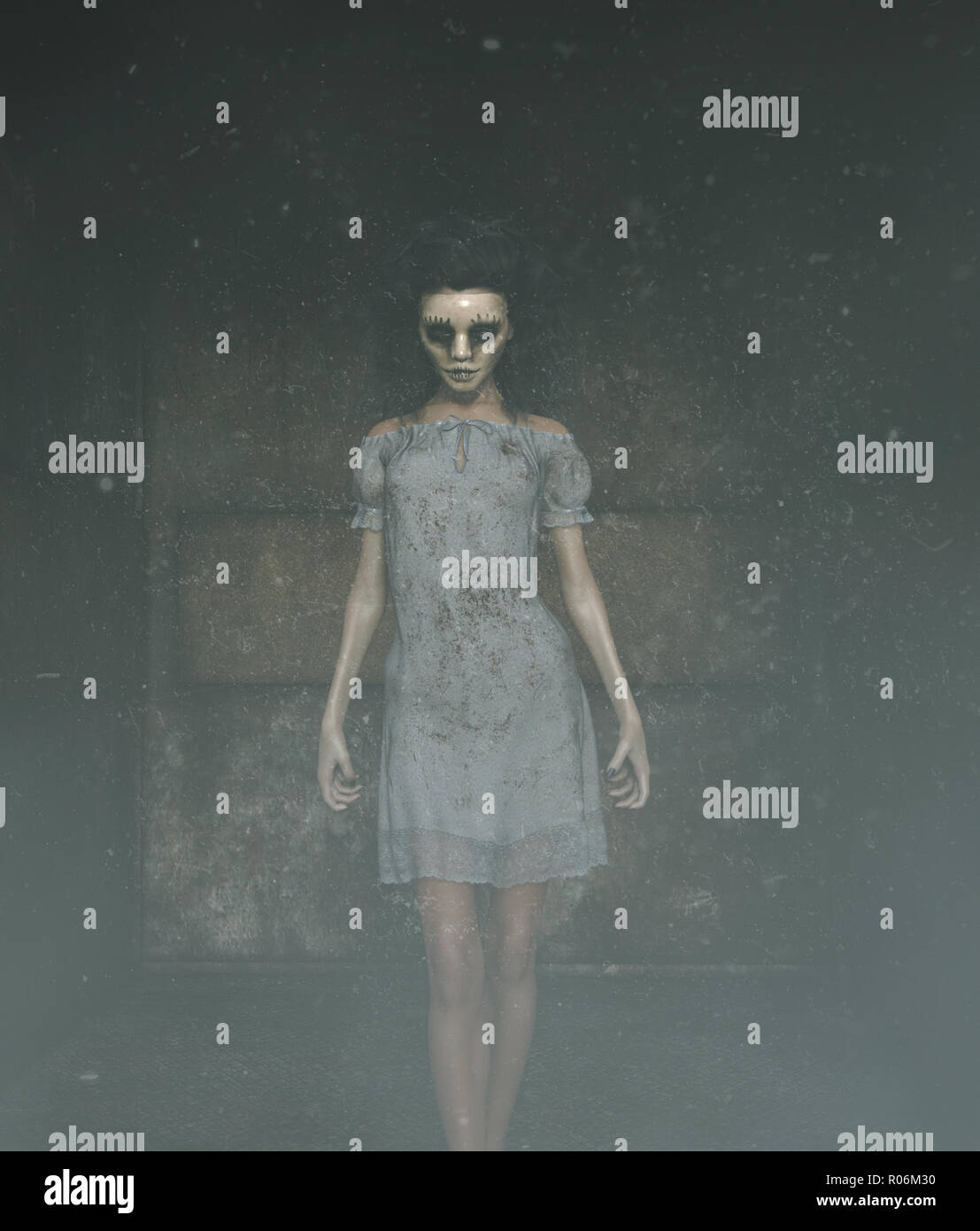 ghost woman in creepy mask as she have to hiding her face,3d ...