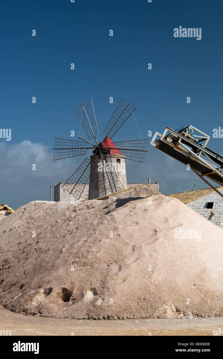 Windmill, Conveyor Belt and Salt Pile at Salt Museum, Trapani, Sicily ...